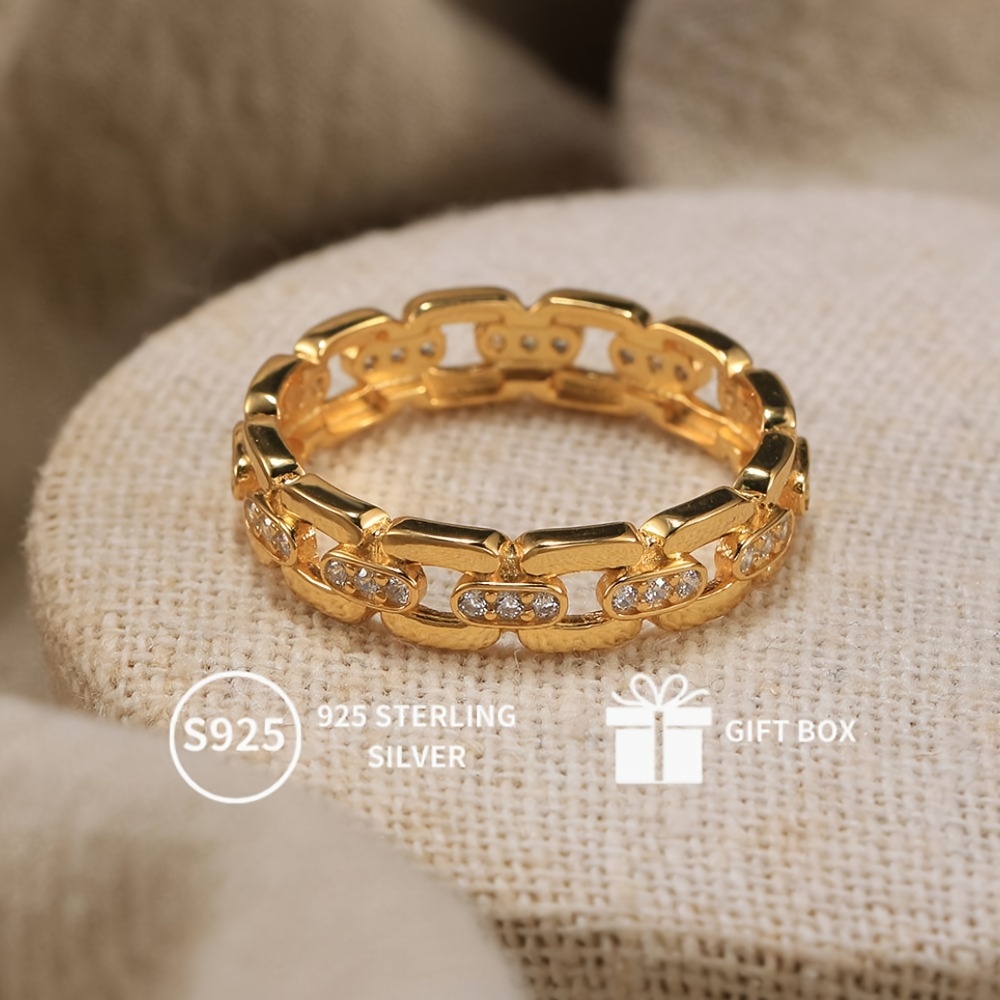 S925 Sterling Silver Chain Design Ring Inlaid Cubic Zirconia - Temu ...