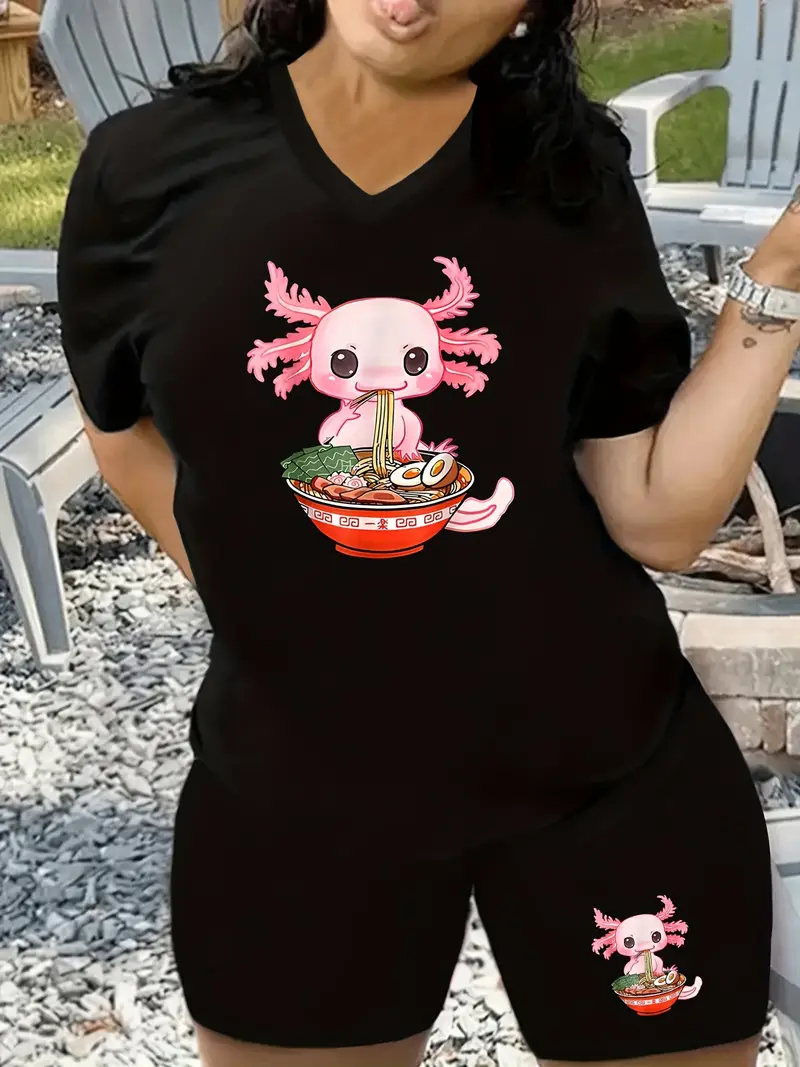 Plus Size Cartoon Print Two Piece V Neck Short Sleeve Top Temu New