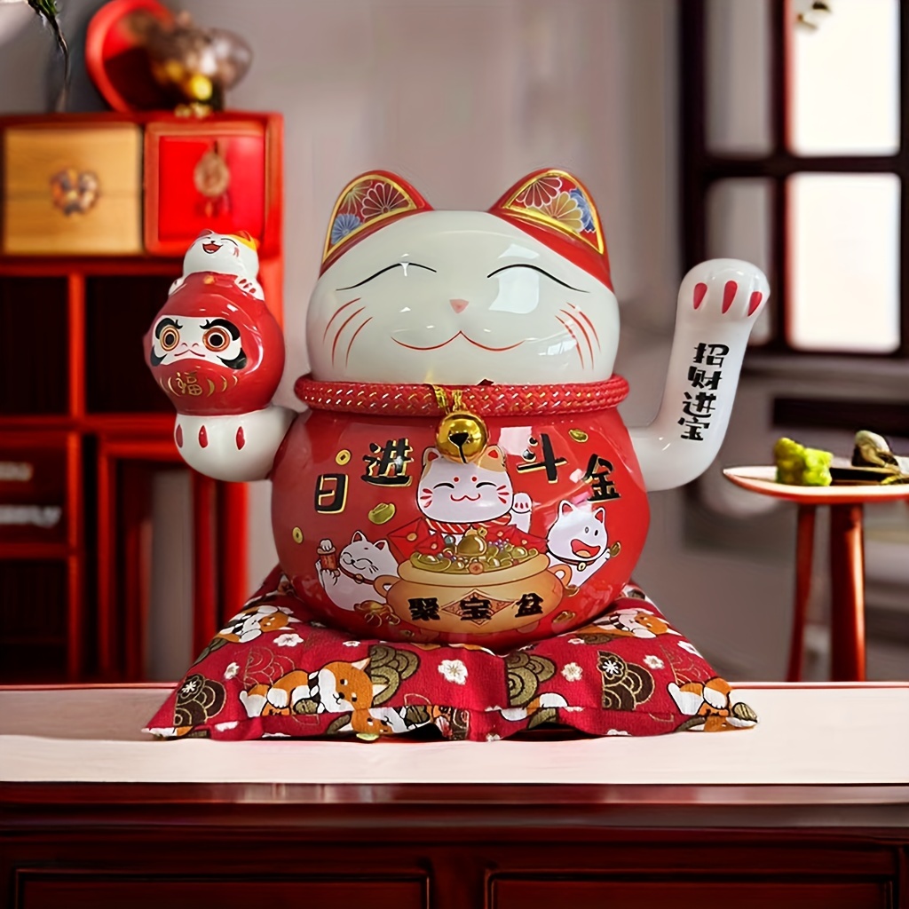 Japanese Lucky Cat Ceramic Figurine USB Powered Waving Arm Collectible Statue for Room Types Indoor Use Low Voltag
