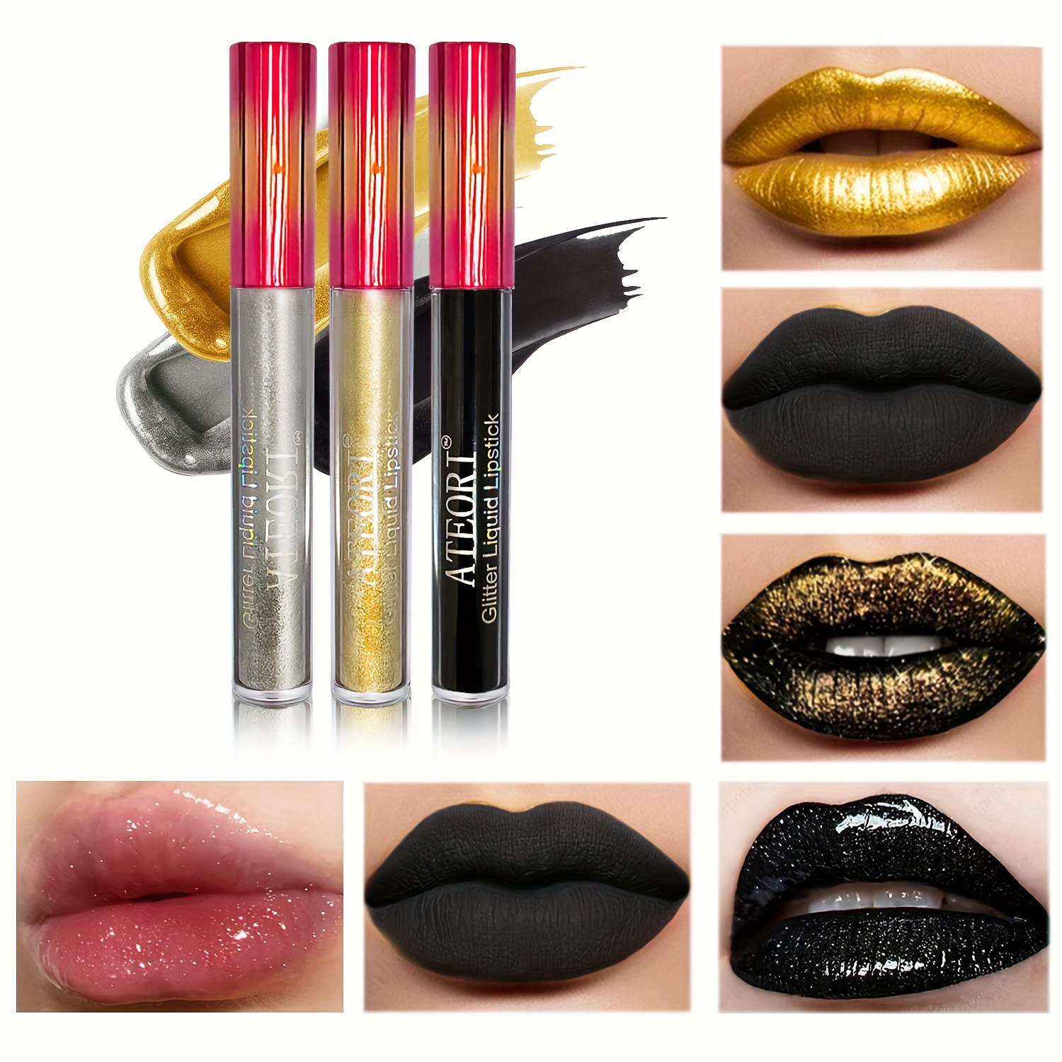 3pc 다이아몬드 스파클 립글로스 세트 보습 쉬머 글리터 액체 립스틱 선물 세트 장시간 지속되는 빛나는 광택 빛나는 입술을 위한 화려한 메이크업 컬렉션 음악