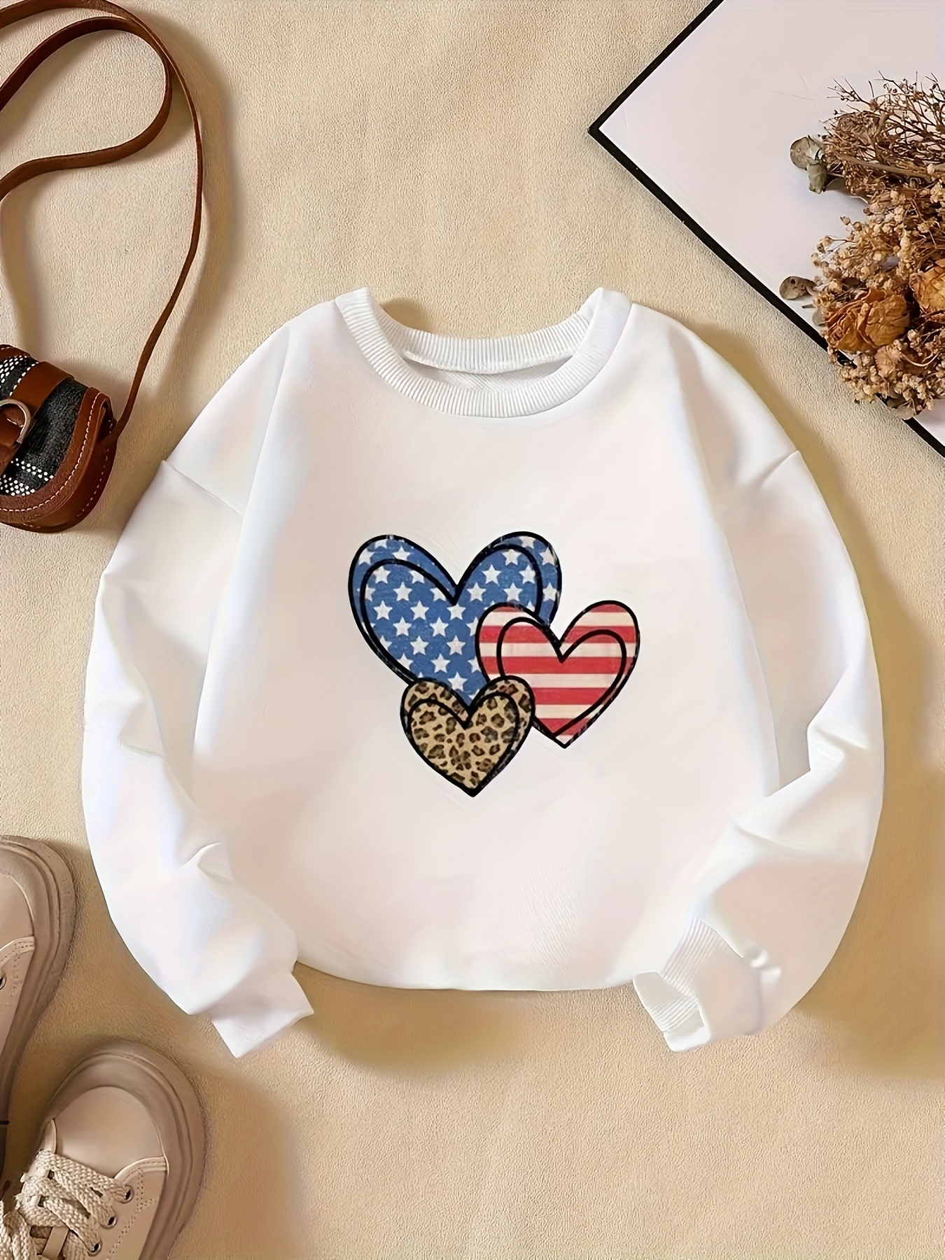 Girls Long Sleeve Sweatshirt Hearts Graphic Print Creative - Temu New ...