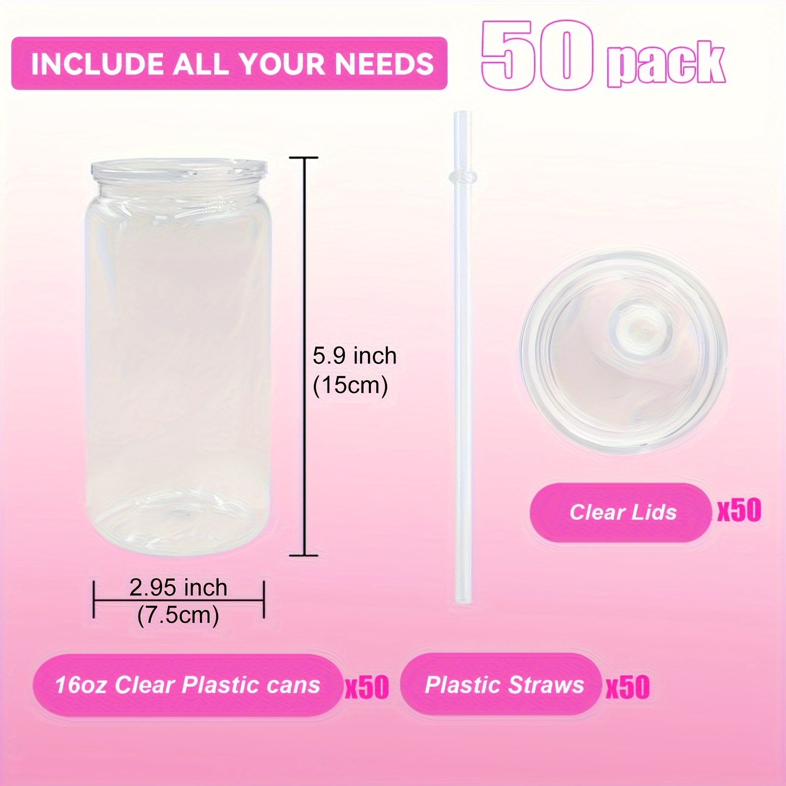 50 Pack 16oz Pc Cup With Clear Plastic Lid And Straw, Plastic Cup, For ...