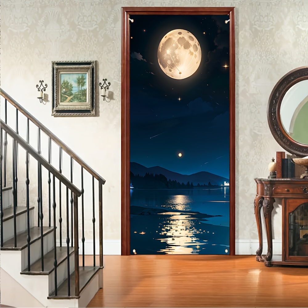 Serene Starry Sky Full Moon Banner Polyester Door Cover Room - Temu Ireland