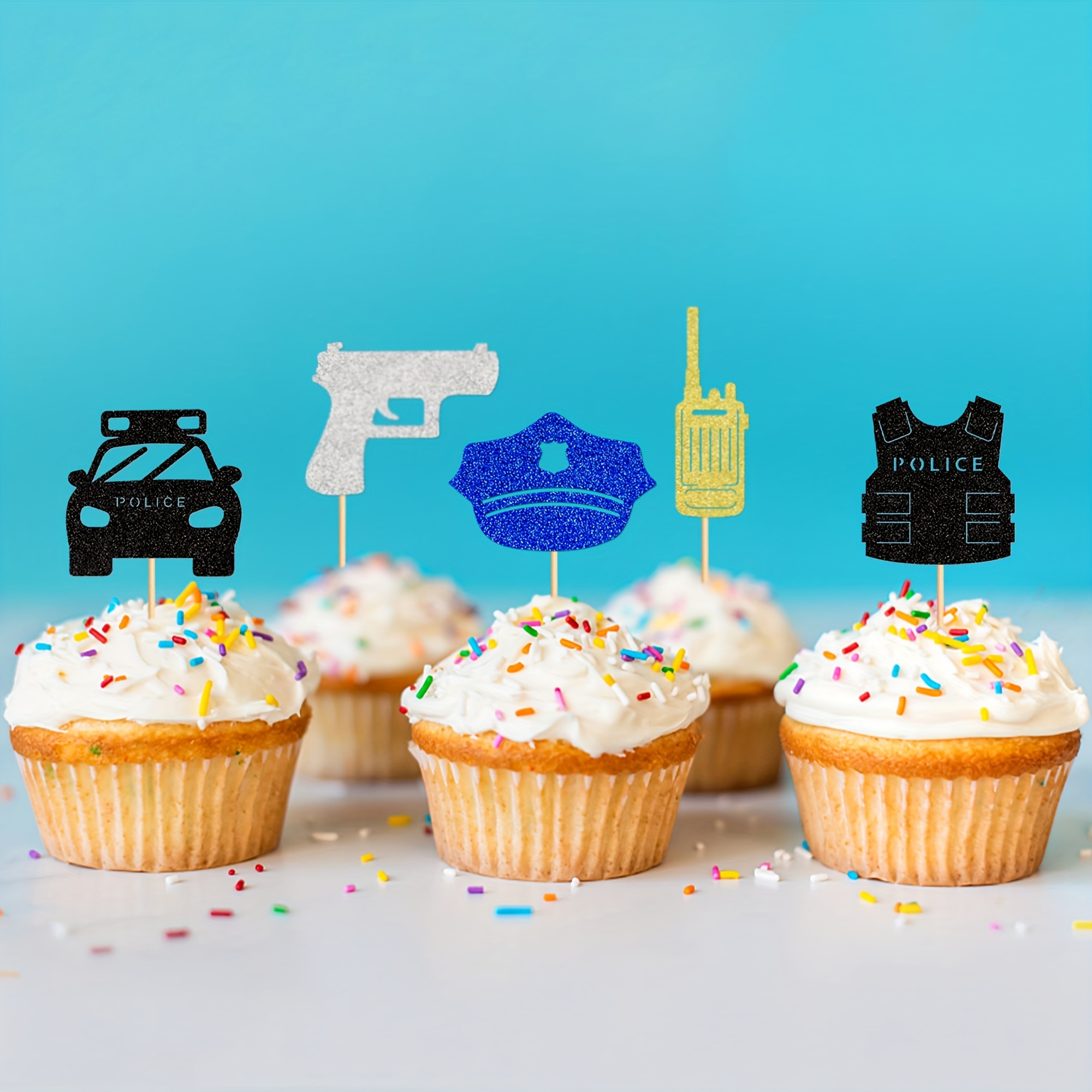 Police Theme Cupcake Toppers Glittery Police Badge Walkie - Temu