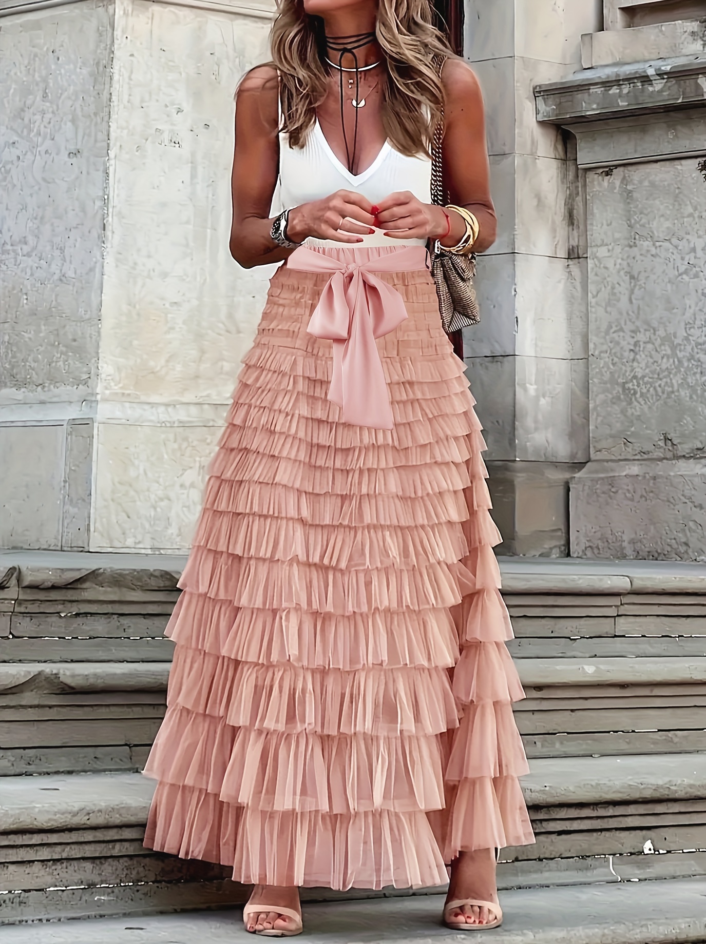 long ruffle skirt sold on Temu United States