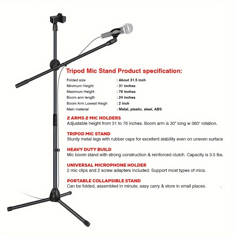 Tripod Mic Stand Pair Heavy Duty Height Adjustable Floor - Temu