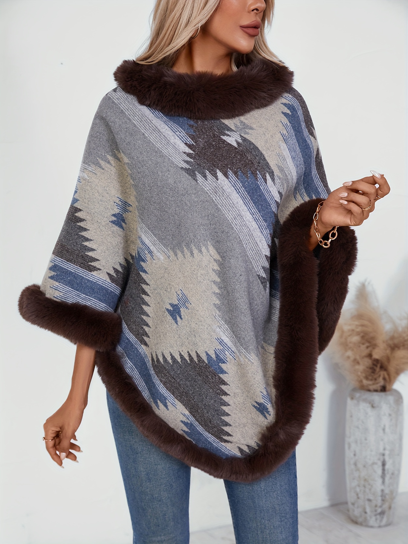 Aztec Print Fuzzy Trim Poncho, Elegant Thermal Hanky Hem Crew Neck Cape ...