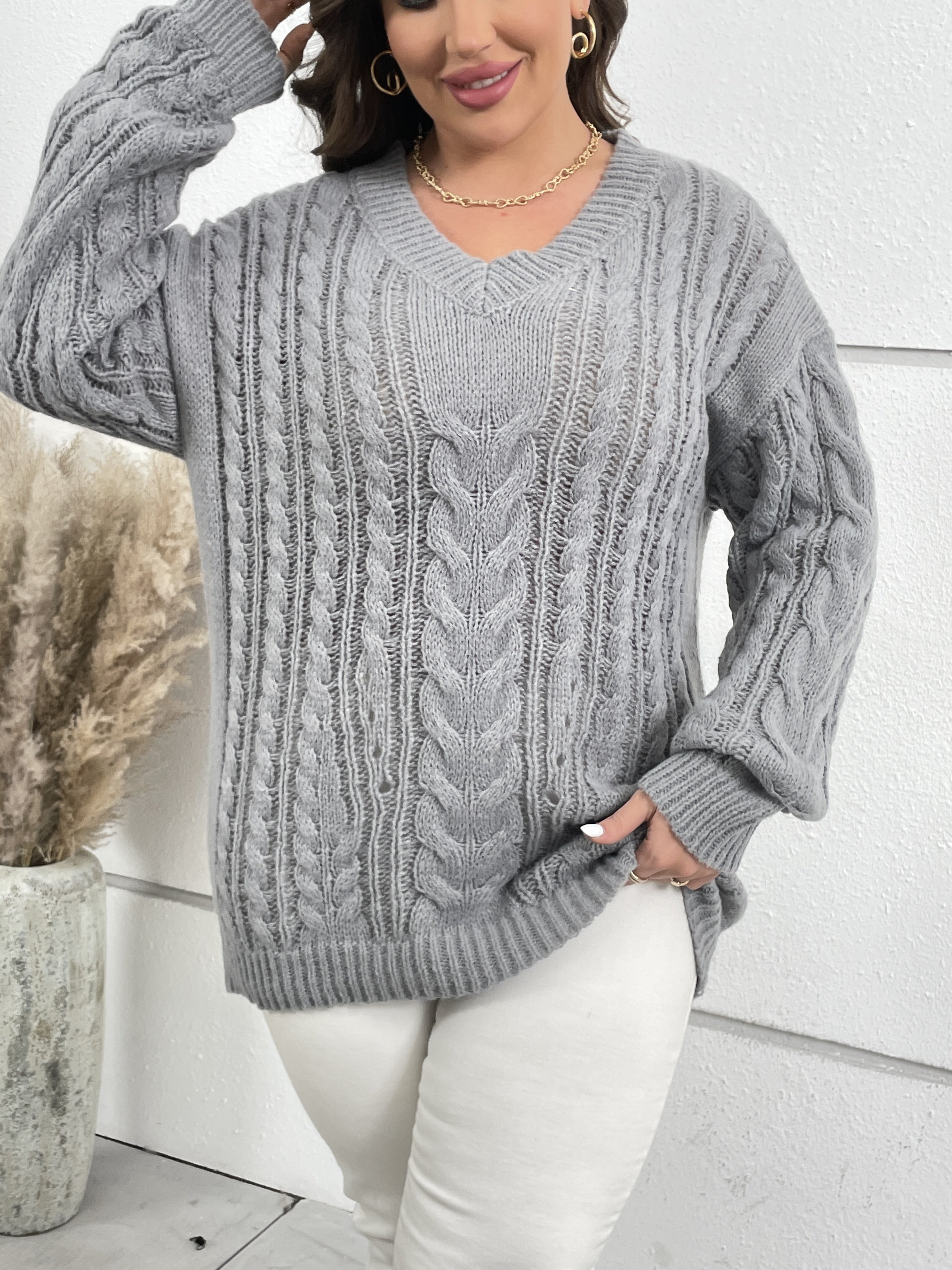 Casual Sweater Plus Size Women s Plus Solid Cable Long - Temu Canada