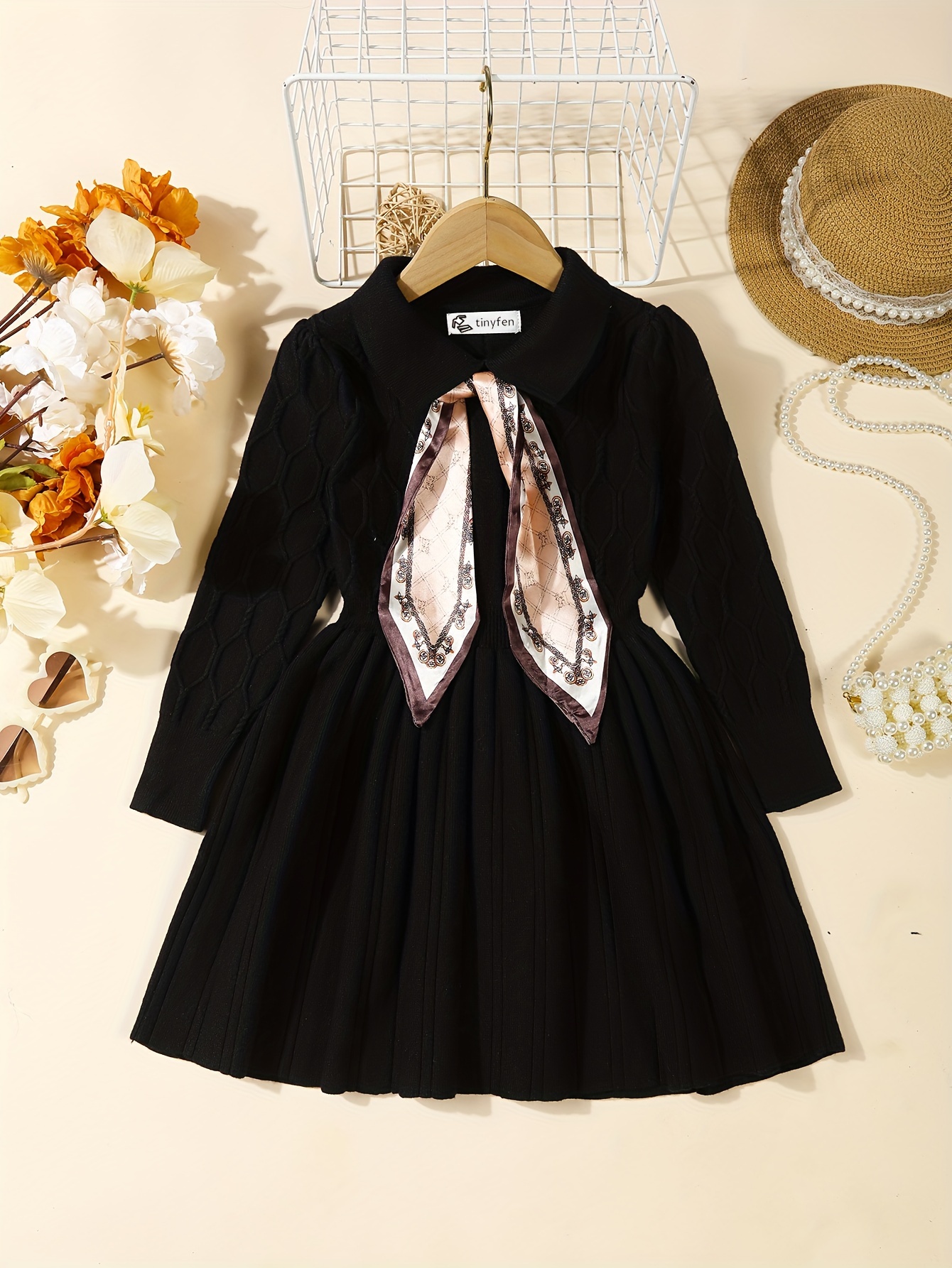 Girls Stretchy Long Sleeve Knit Dress Neckerchief Fall - Temu Ireland