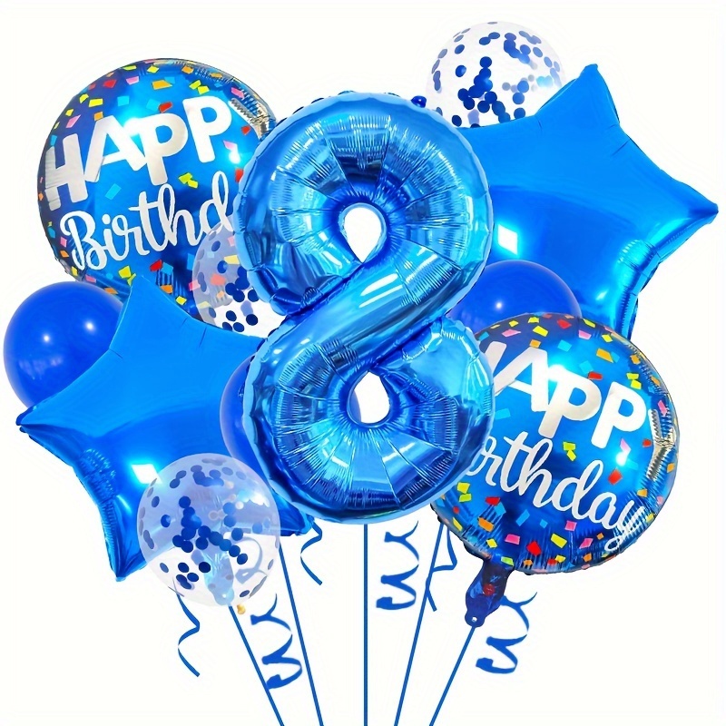 Birthday Party Balloon Set 11 Piece Blue Number Stars Aluminum Film Balloons for Party Decor Ribbon Included Versatile for Summer Celebrations Suitable 14