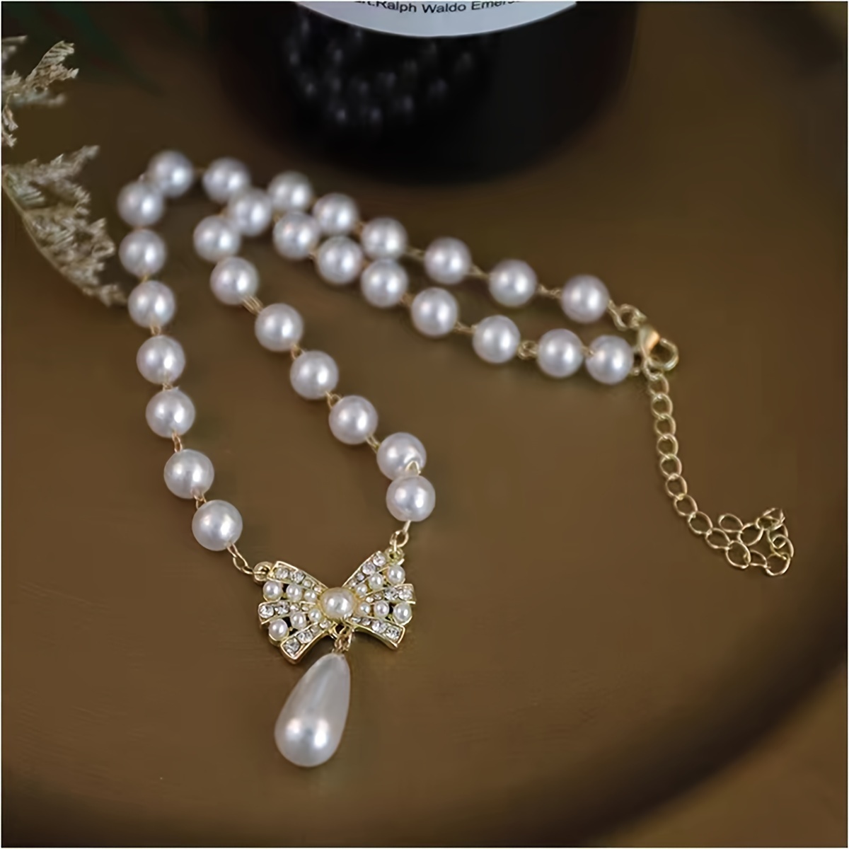 Inlaid Zirconia Bow Design Faux pearl Necklace Elegant - Temu New Zealand