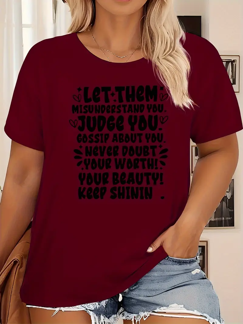 Letter Print T Shirt Plus Size Short Sleeve Crew Neck Casual Temu New