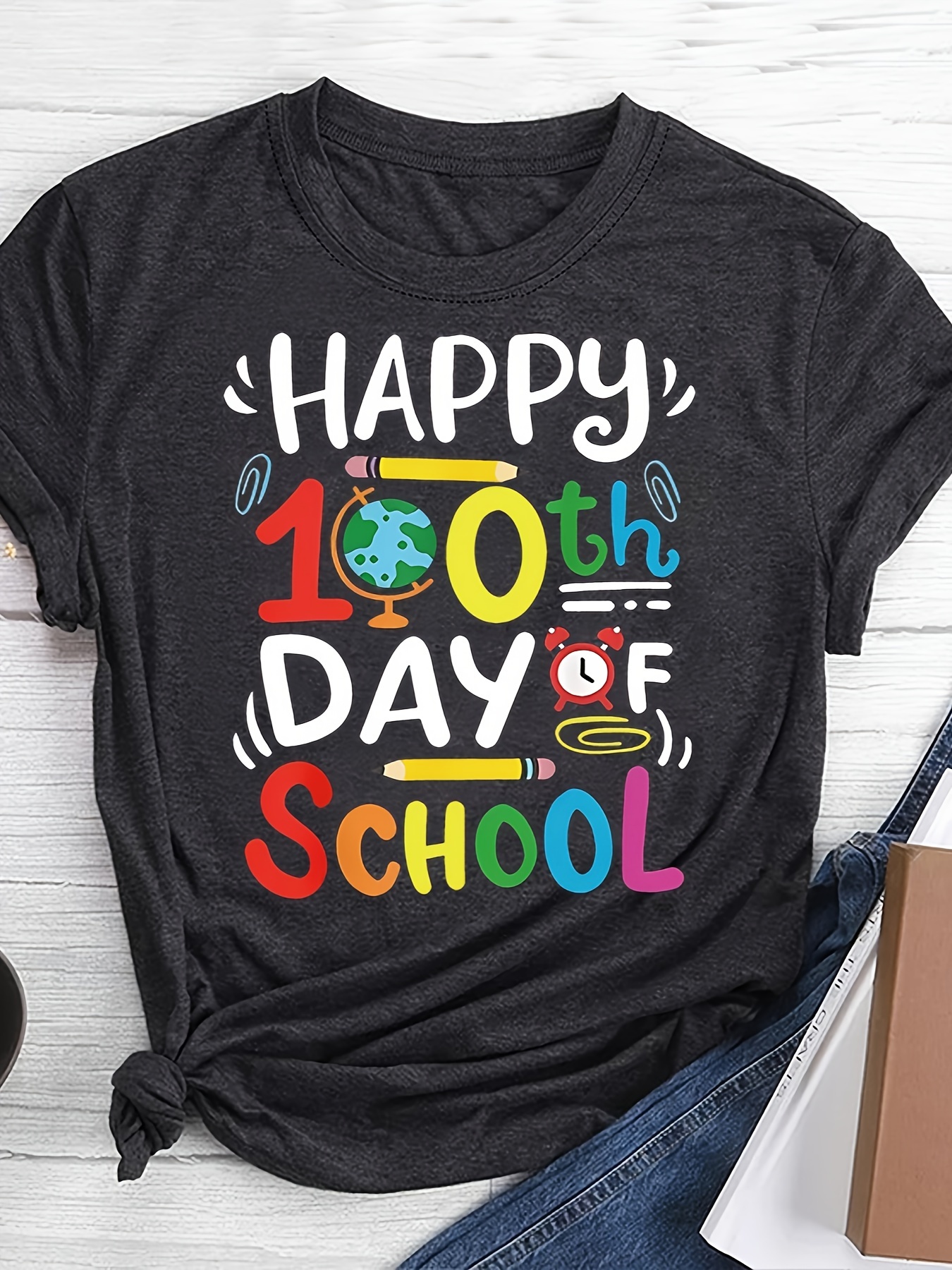 Happy 10day School Print T shirt Short Sleeve Crew Neck - Temu Australia
