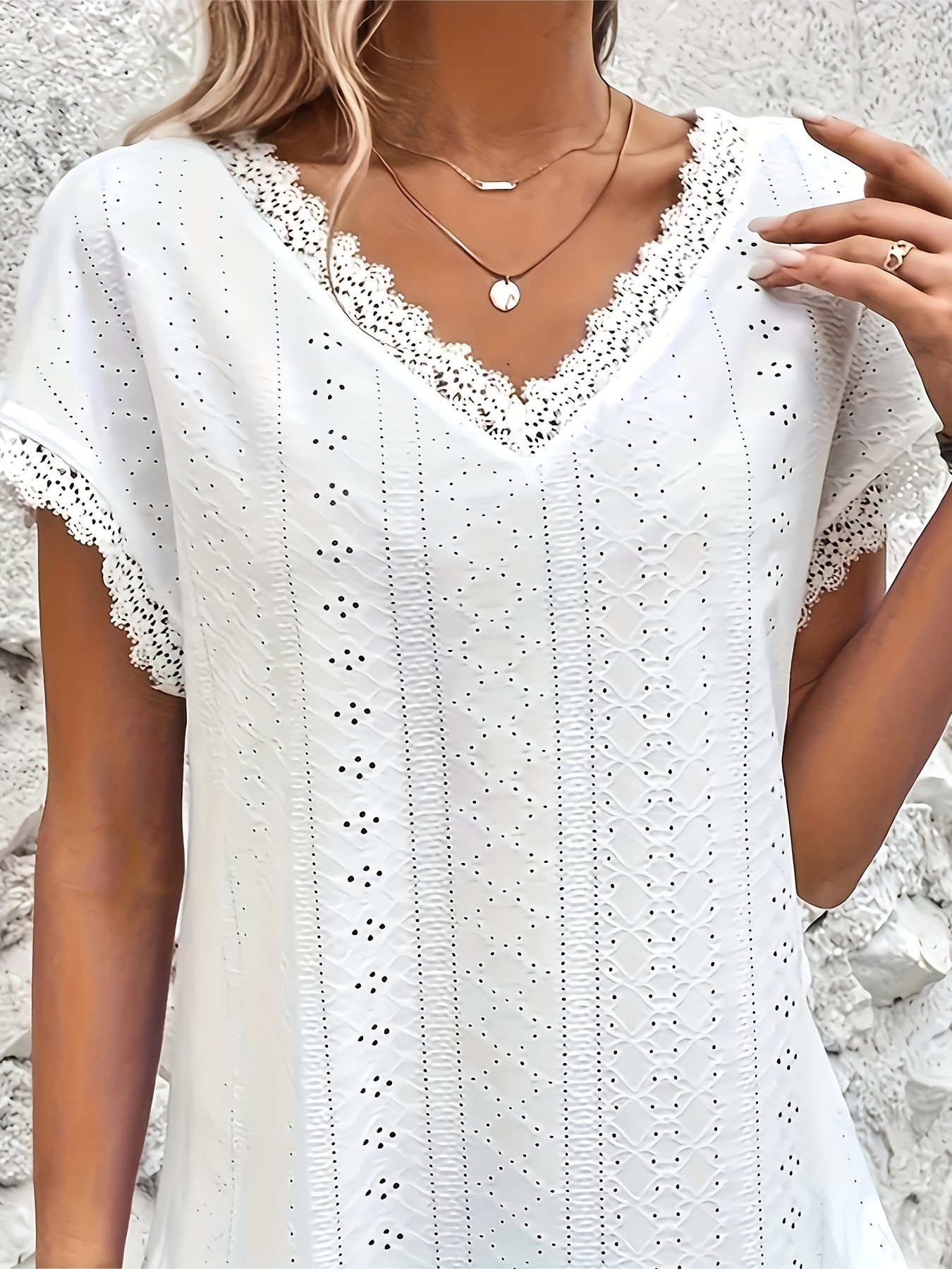 Plus Size Lace Stitching Top Casual V Neck Short Sleeve Top - Temu Denmark