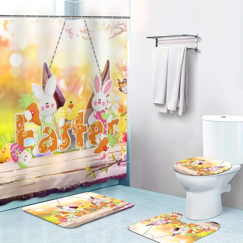 Shower Curtain Set Easter Cartoon Bunny Pattern Waterproof Temu Australia