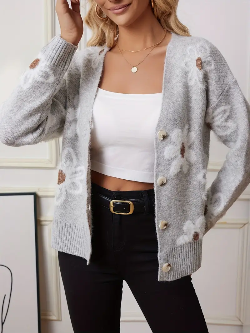 Floral Pattern Button Front Cardigan Long Sleeve V Neck Temu