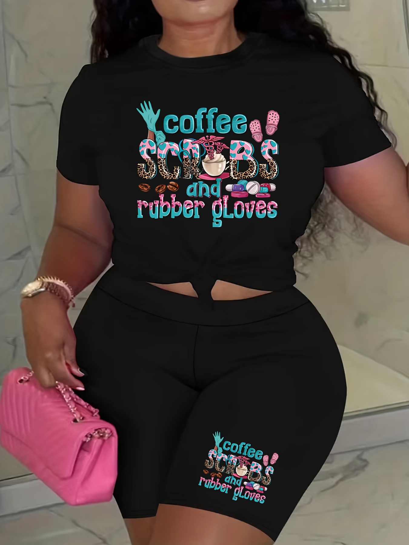 Plus Size Graphic Letter Print Two Piece Crew Neck Short Temu Australia