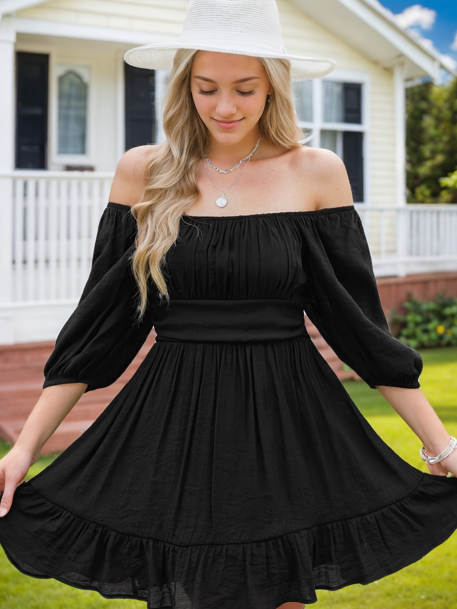 Womens Style Short Dresses Square Neck Tie Back Lantern Sleeve Ruffle A Line Casual Dress