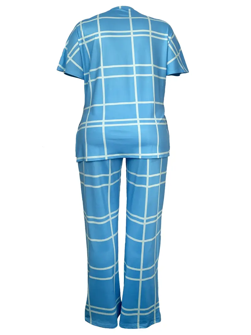 Plus Size Plaid Print Two Piece Crew Neck Short Sleeve Top Temu Australia