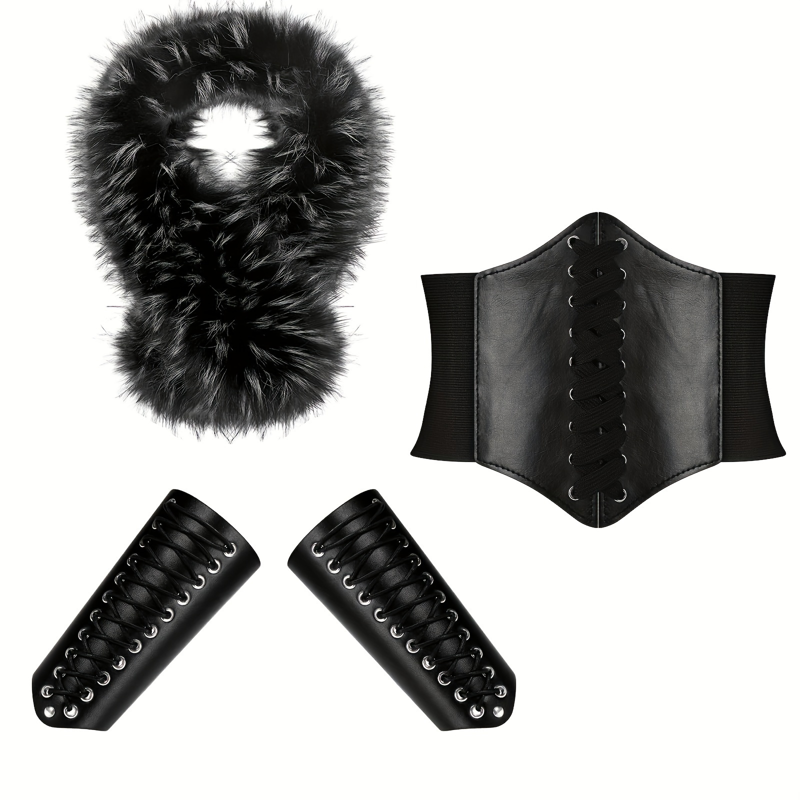 4pcs Set Costume Set Faux Fur Collar Corset Belt Pu Leather Gauntlet ...