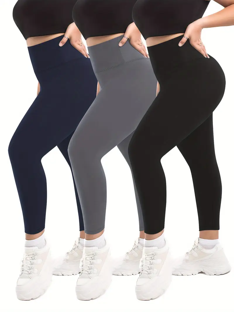 3pcs Plus Size Plain Cropped High Waist Leggings Womens High Comfy