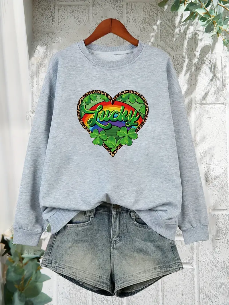 Heart Print Sweatshirt Plus Size Clover Crew Neck Casual Temu Australia