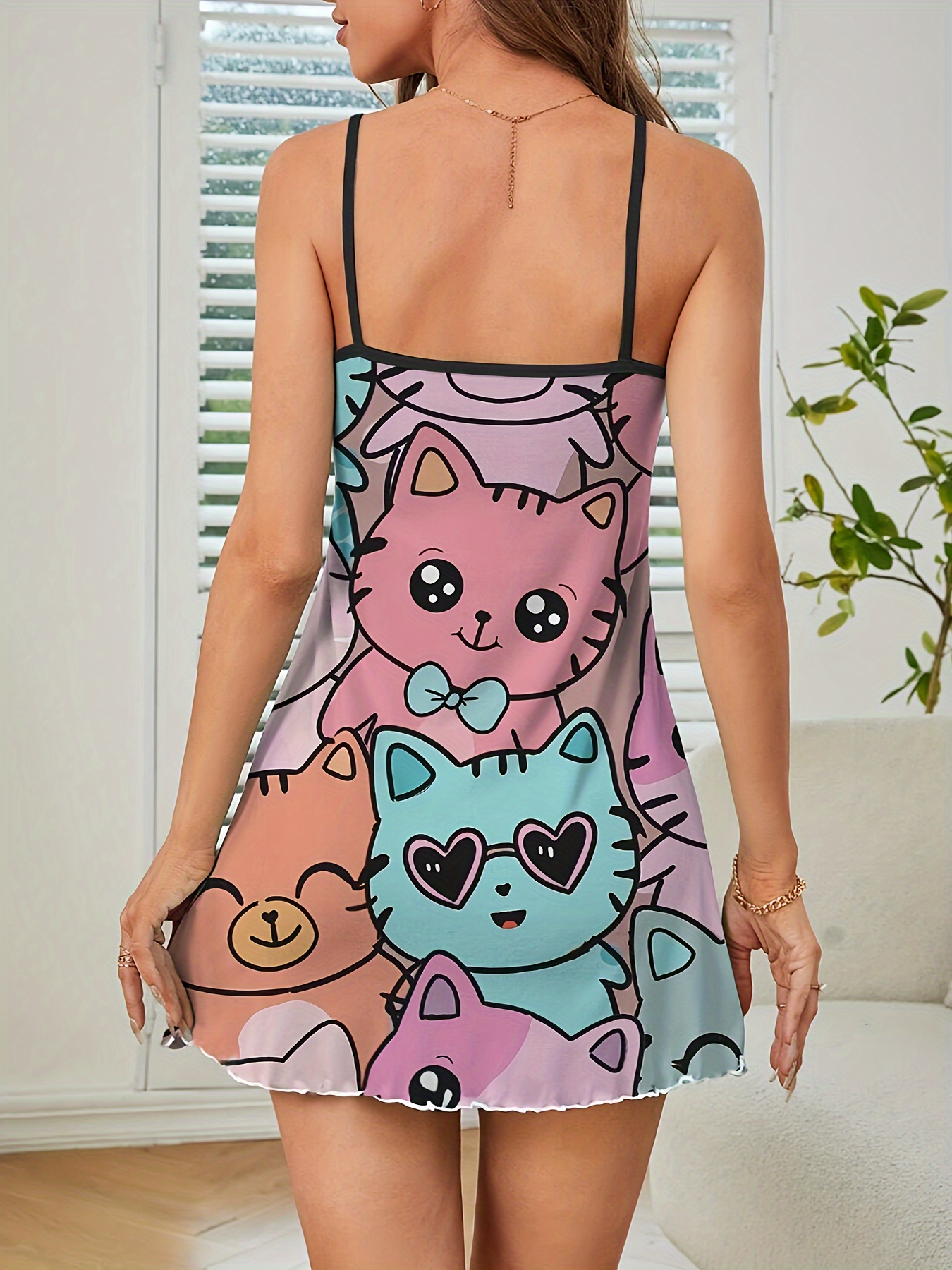 Cute Cat Print Frill Trim Lounge Dress Round Neck Backless - Temu Kuwait