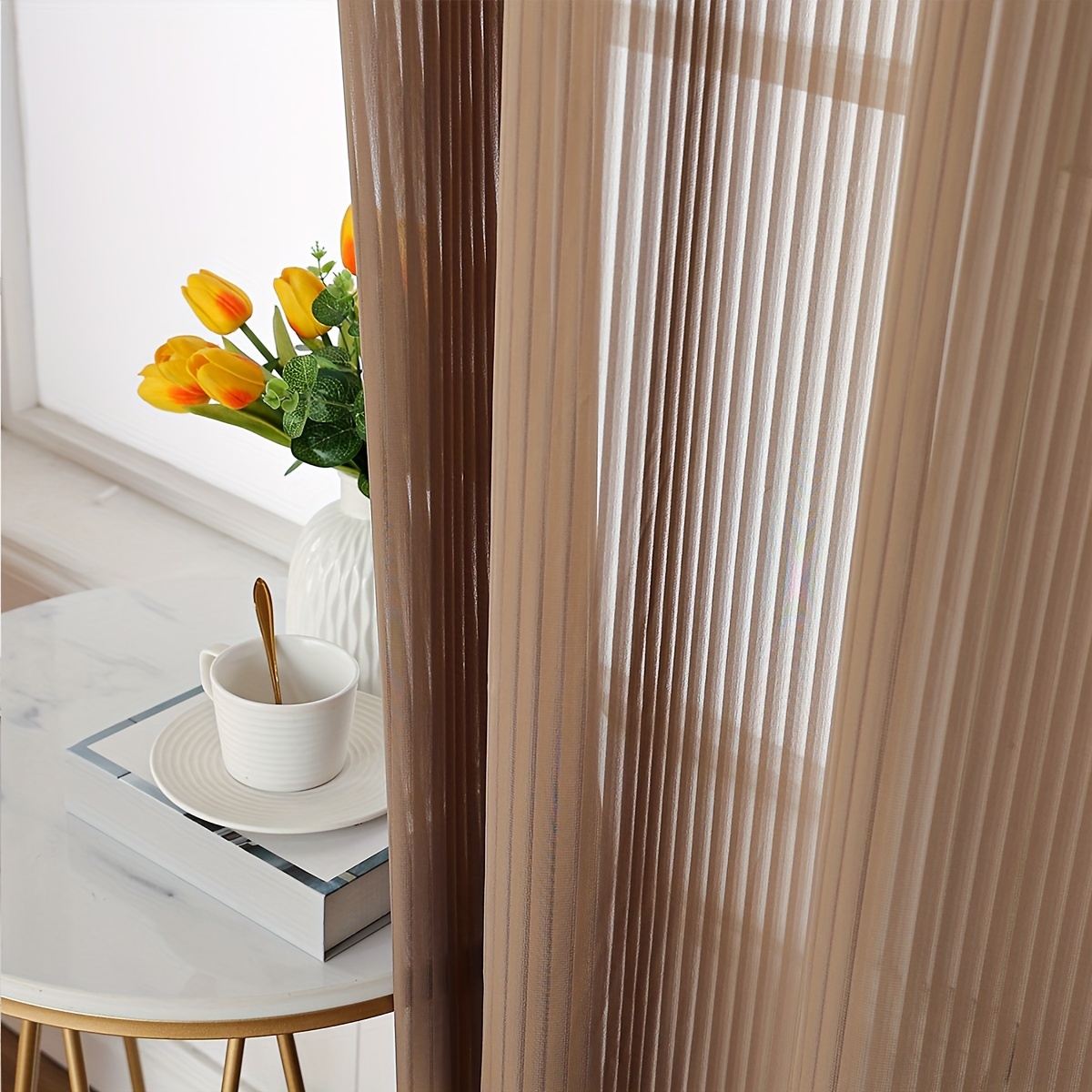 coffee colored vertical striped sheer curtain bedroom living - Temu ...