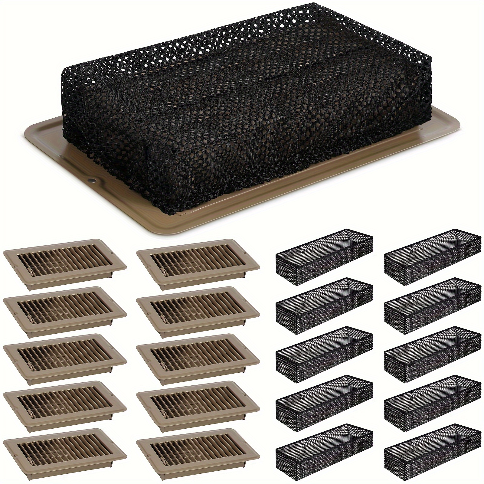 20pcs RV Floor Vents Register with Vent Mesh Cover 4 X 8 Set Heavy Duty Vent Covers with Damper and Floor Register Screen Mesh Filters for Mobile Vent Cover Replacement Brown Black