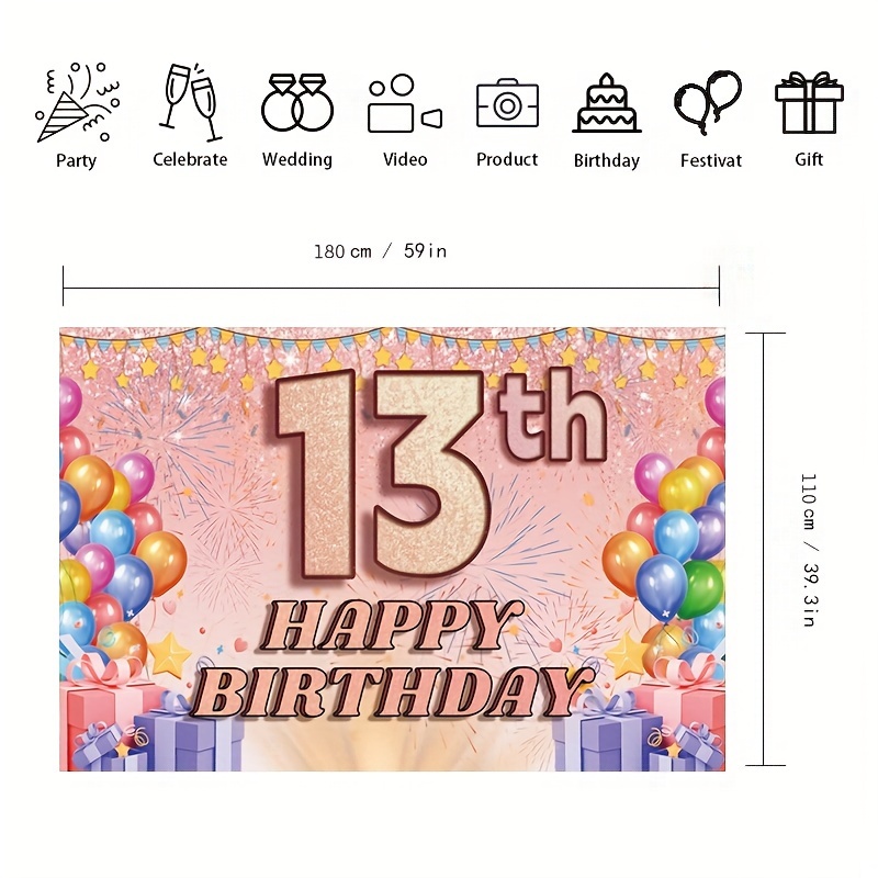 13th Birthday Banner Decoration - Polyester Happy Birthday Sign For 13 ...