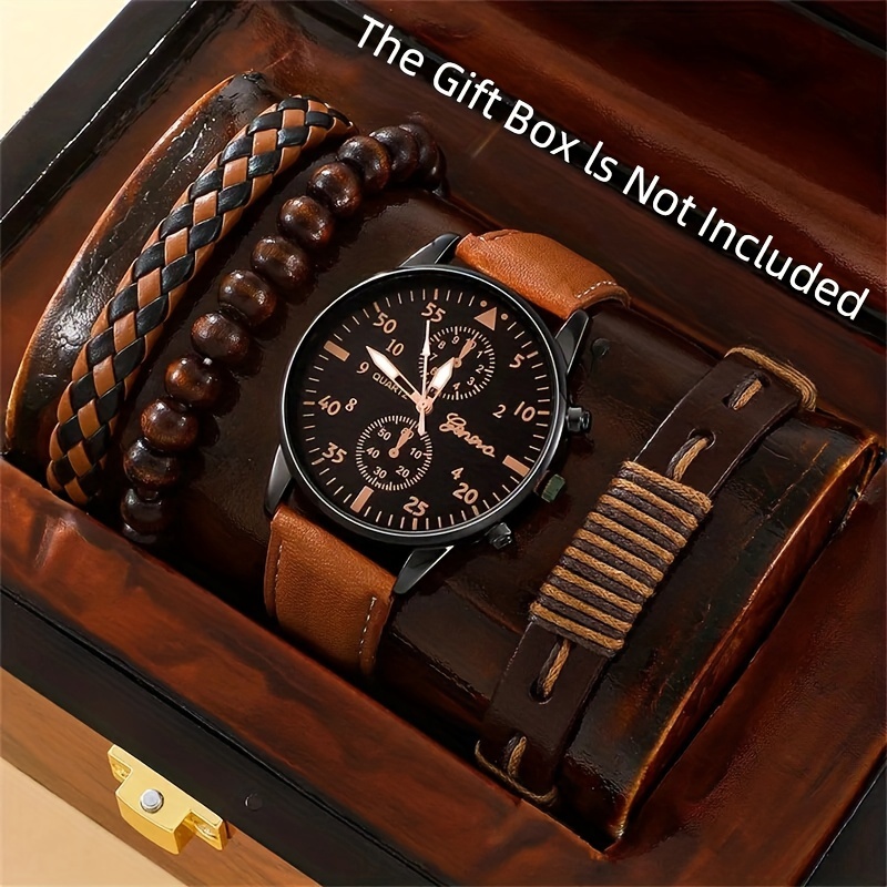 mens 4pcs set casual quartz watches with vintage beaded bracelet leather strap fashion accessory round dial non waterproof battery powered feature perfect gift for fathers day valentines easter birthd...