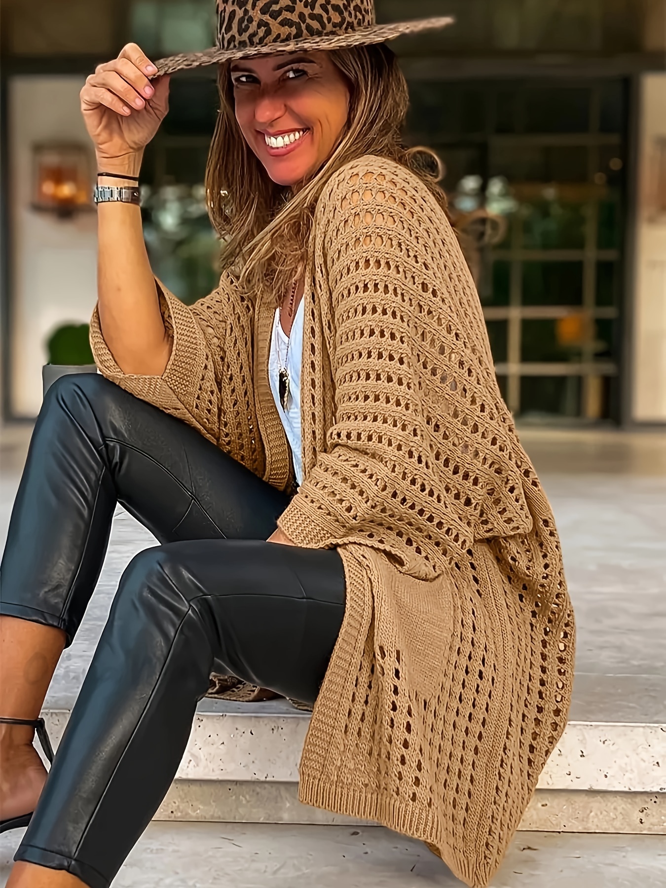 Solid Hollow Open Front Cardigan Versatile 3/4 Sleeve Knit - Temu Canada