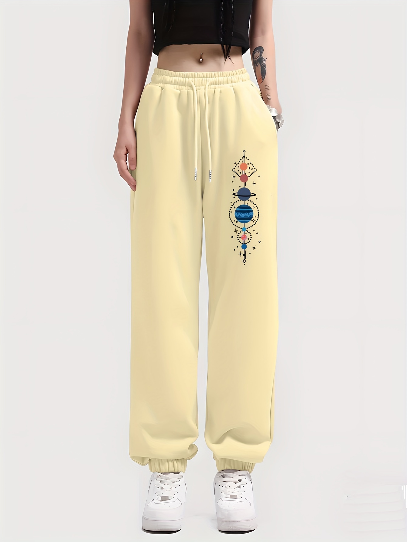 Planet Print Versatile Jogger Pants For Fall & Winter, Elastic Waist Fashion Sweatpants, Women's ...