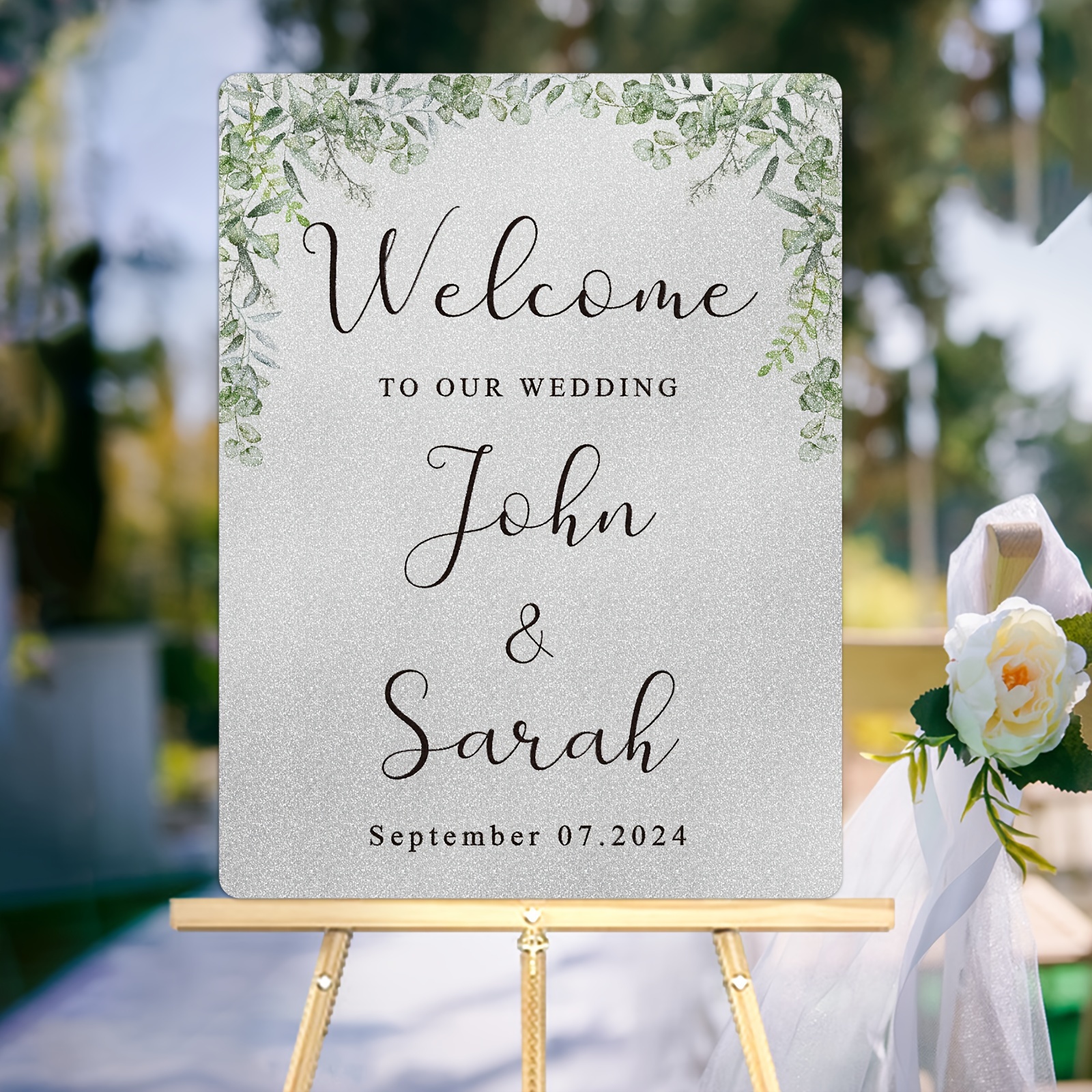 Customizable Wedding Welcome Sign Minimalist Green Leaves - Temu