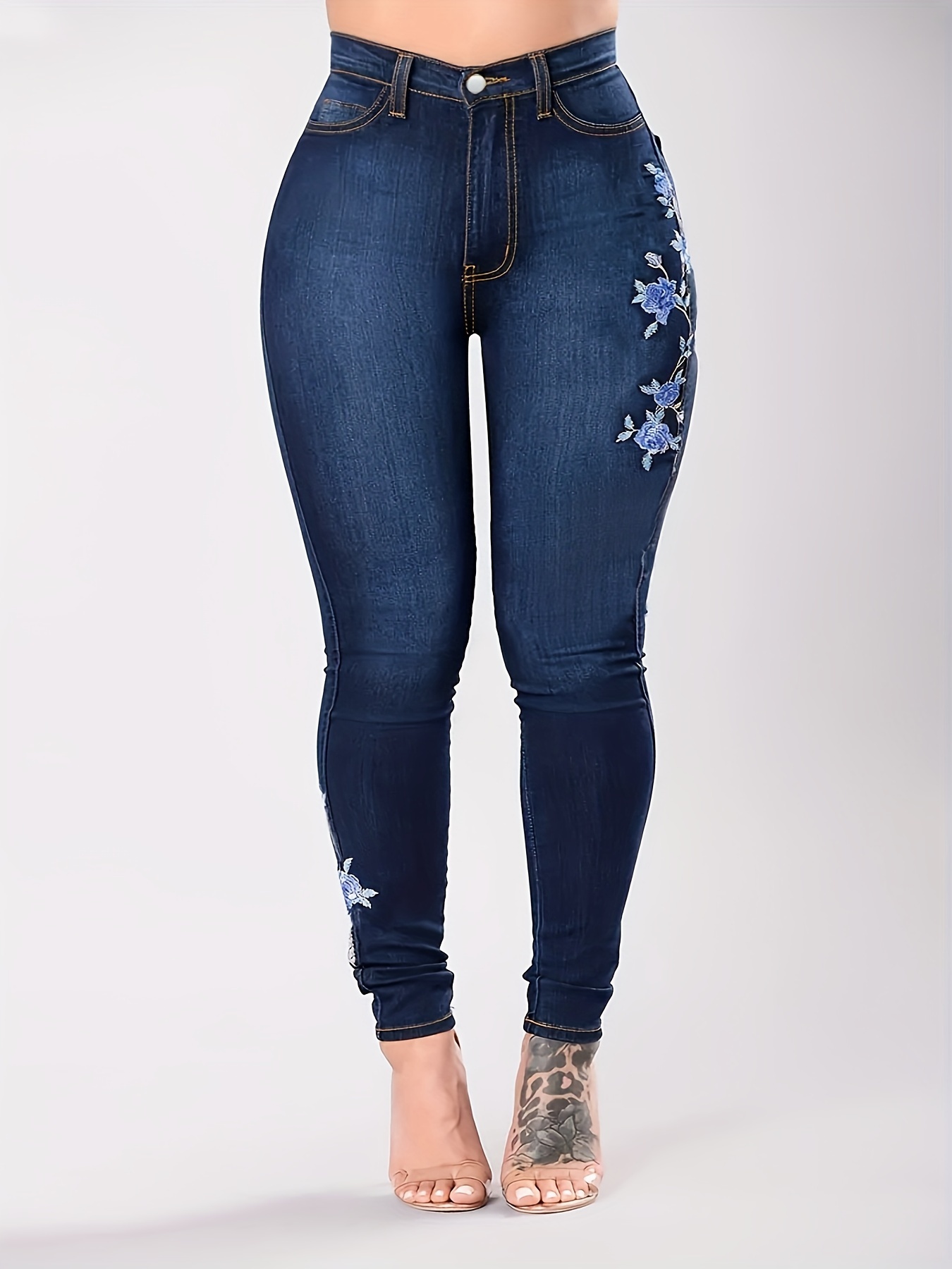 Women s Elegant Jeans Plus Size Floral Embroidery High - Temu Canada