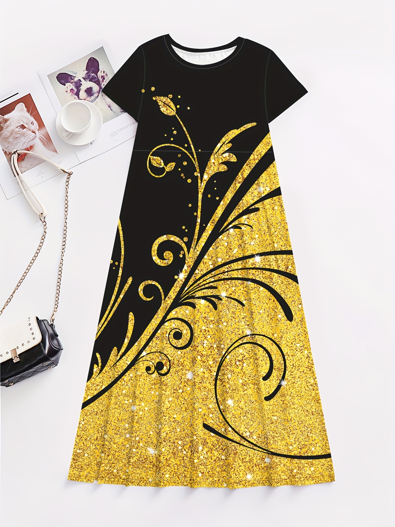 girls golden floral print side pocket short sleeve - Temu Canada