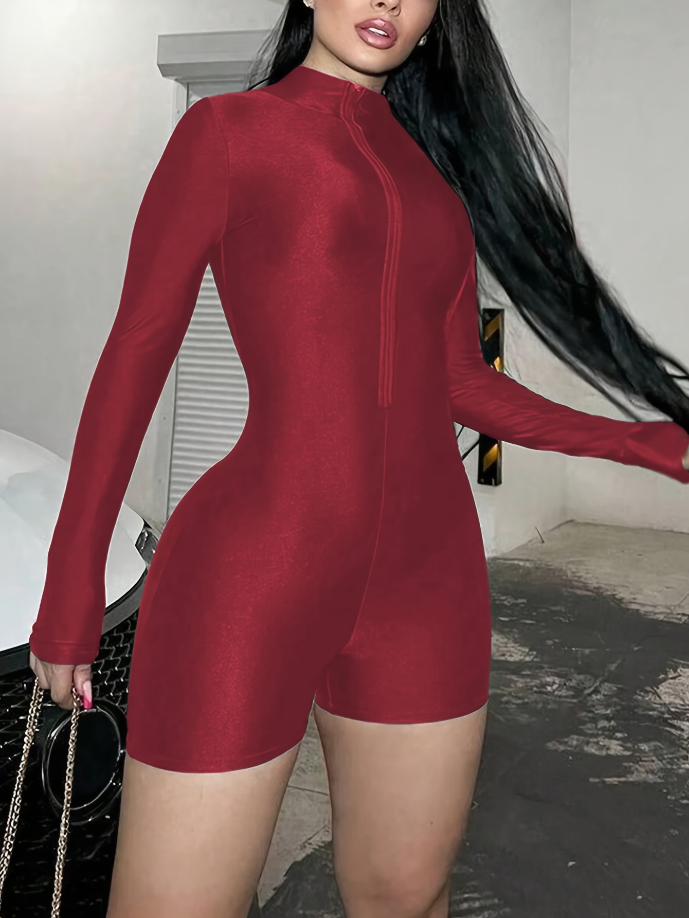 Womens Jumpsuits Red Zip Up Jumpsuit Casting Belted Waist Jumpsuit, Red ...