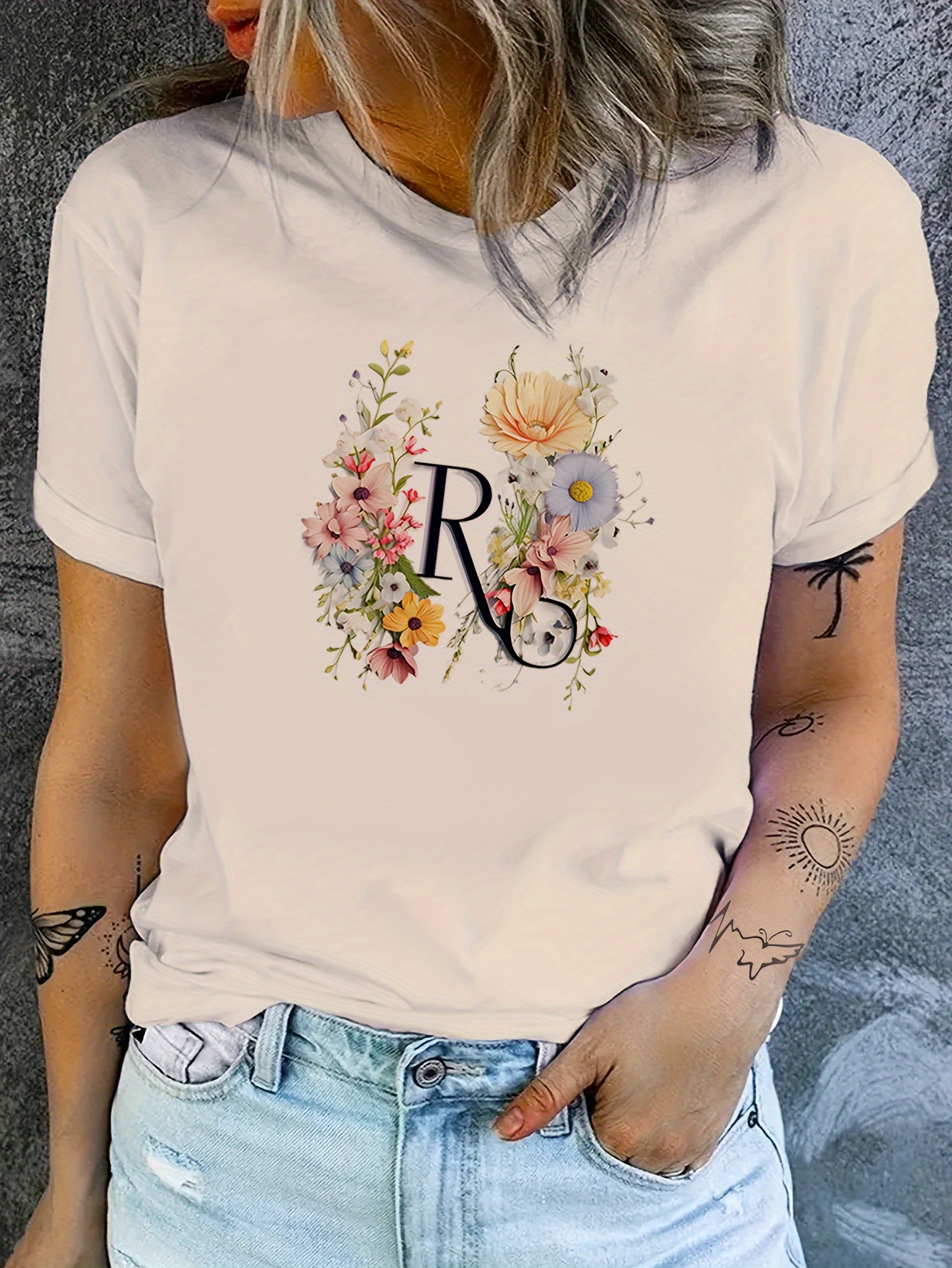 Floral Letter Print T shirt Casual Crew Neck Short Sleeve - Temu New Zealand