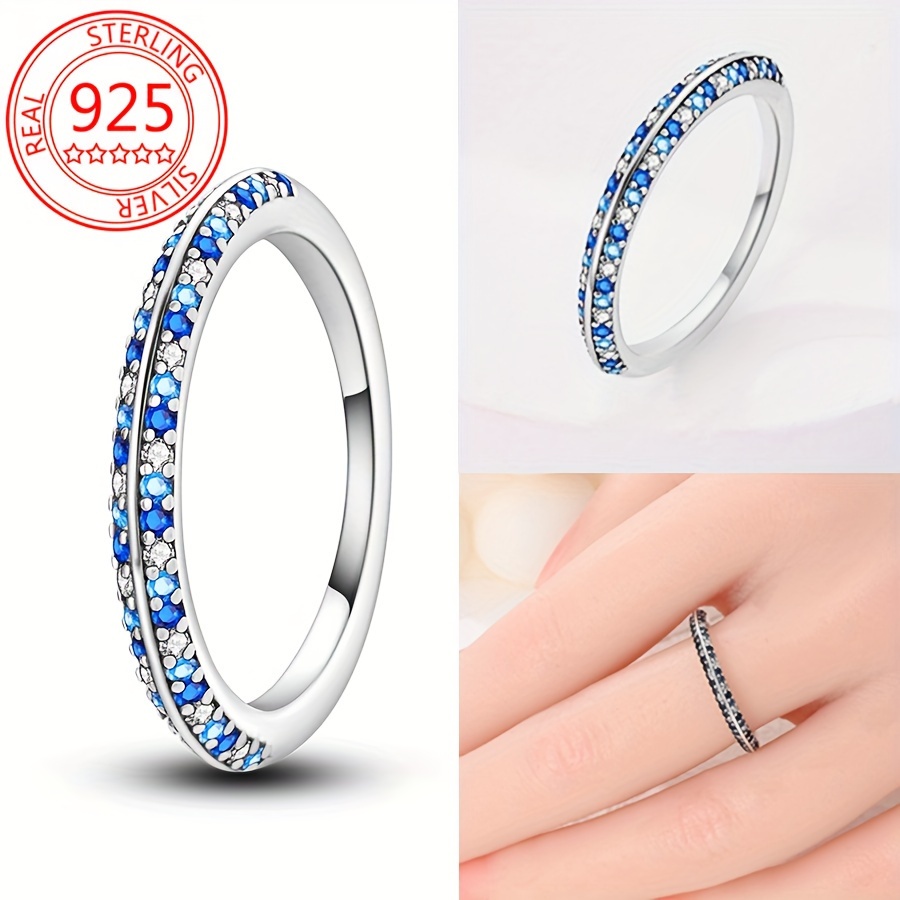 925 Sterling Silver Ring Blue White Zircon Simple Stylish - Temu United ...