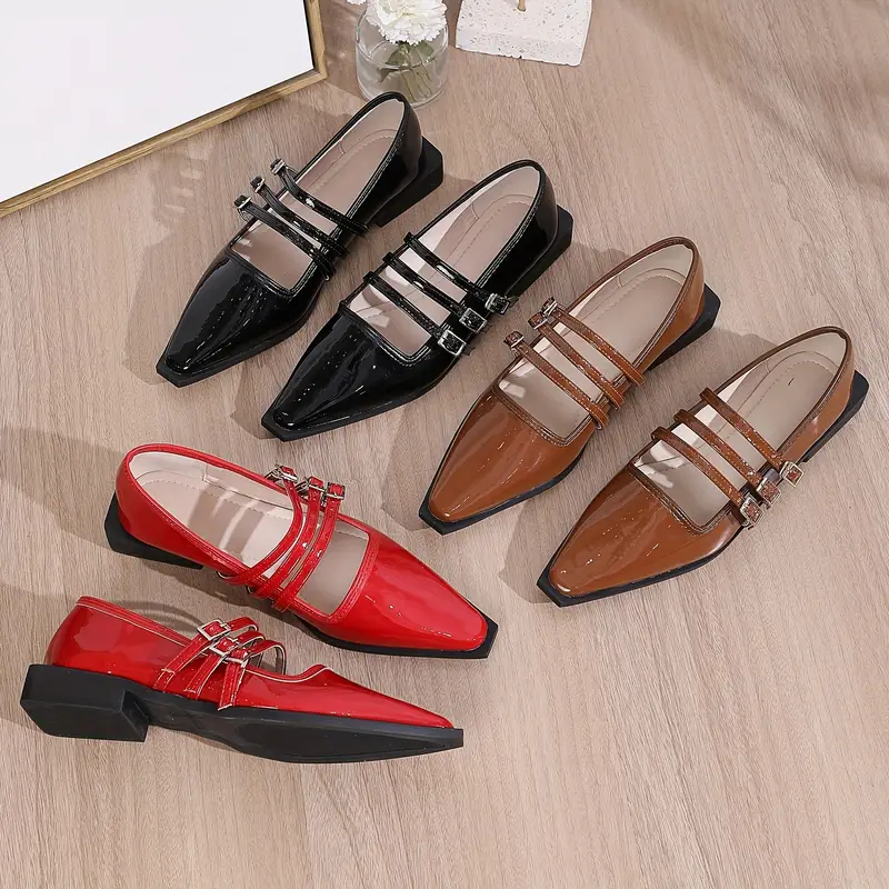Patent Leather Shoes Women S Buckle Straps Chunky Low Heels Temu New