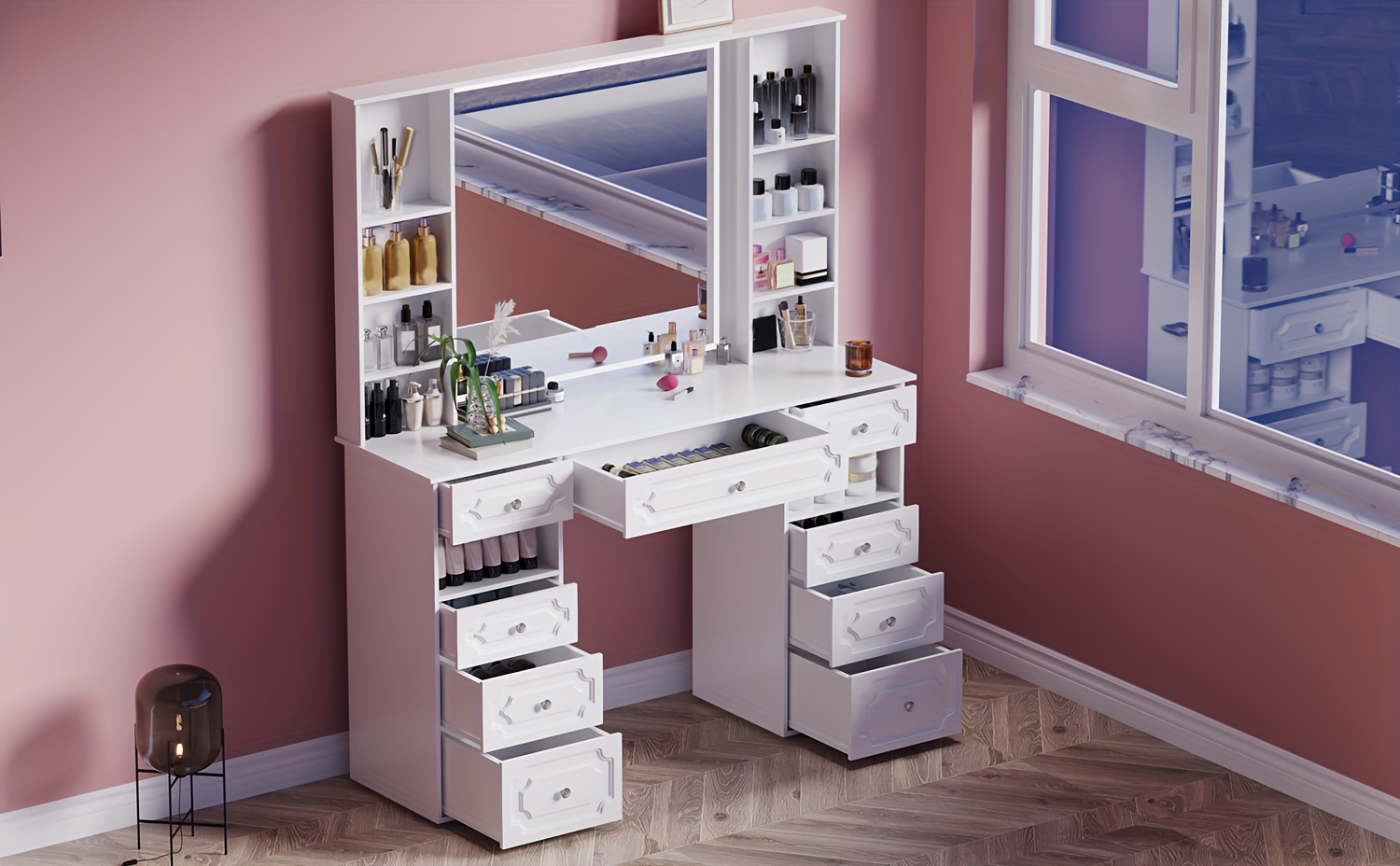 white dressing table small footprint huge capacity makeup Temu