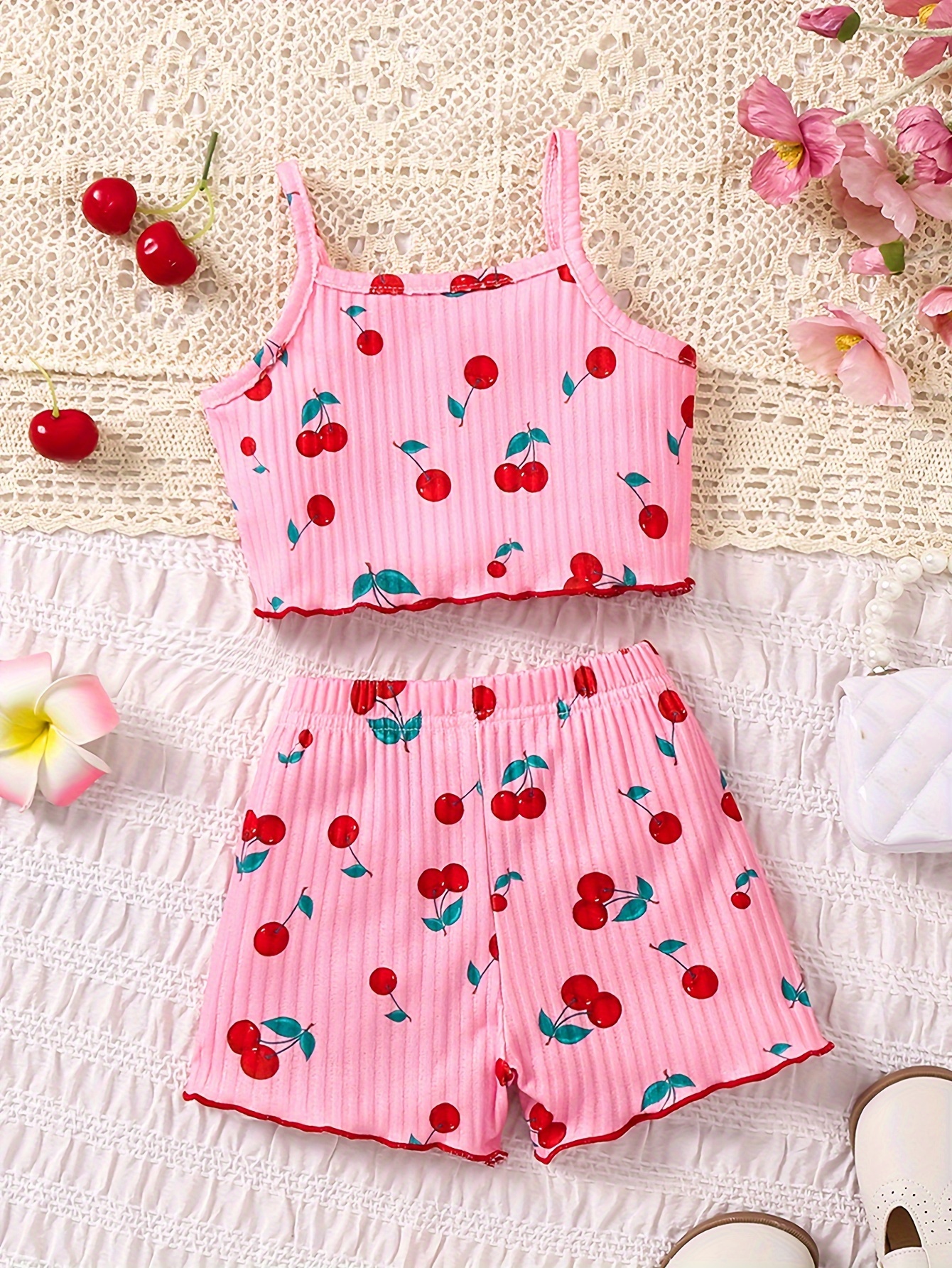 Girls Cute Cherry Graphic Outfits Ribbed Sets Cami Top + - Temu Canada