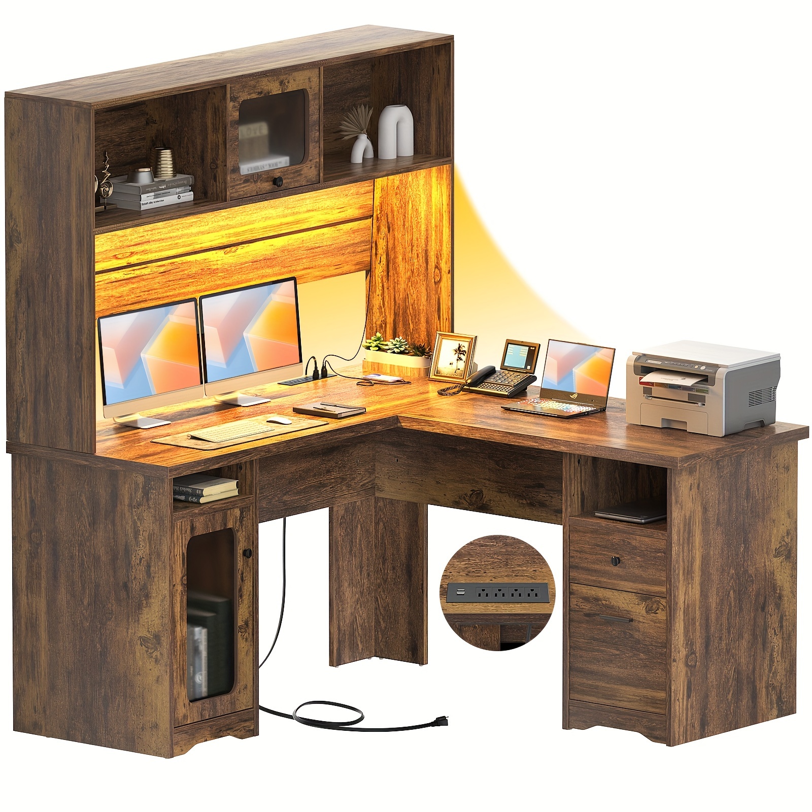 l shaped desk drawers power outlets rustic oak Temu