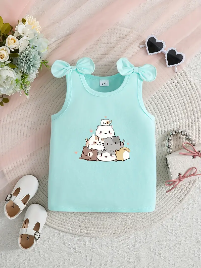 Stacking Kittens Print Girls Cute Bow Straps Tank Top - Temu New Zealand Stacking Kittens Print Girls Cute Bow Straps Tank Top - Temu New Zealand