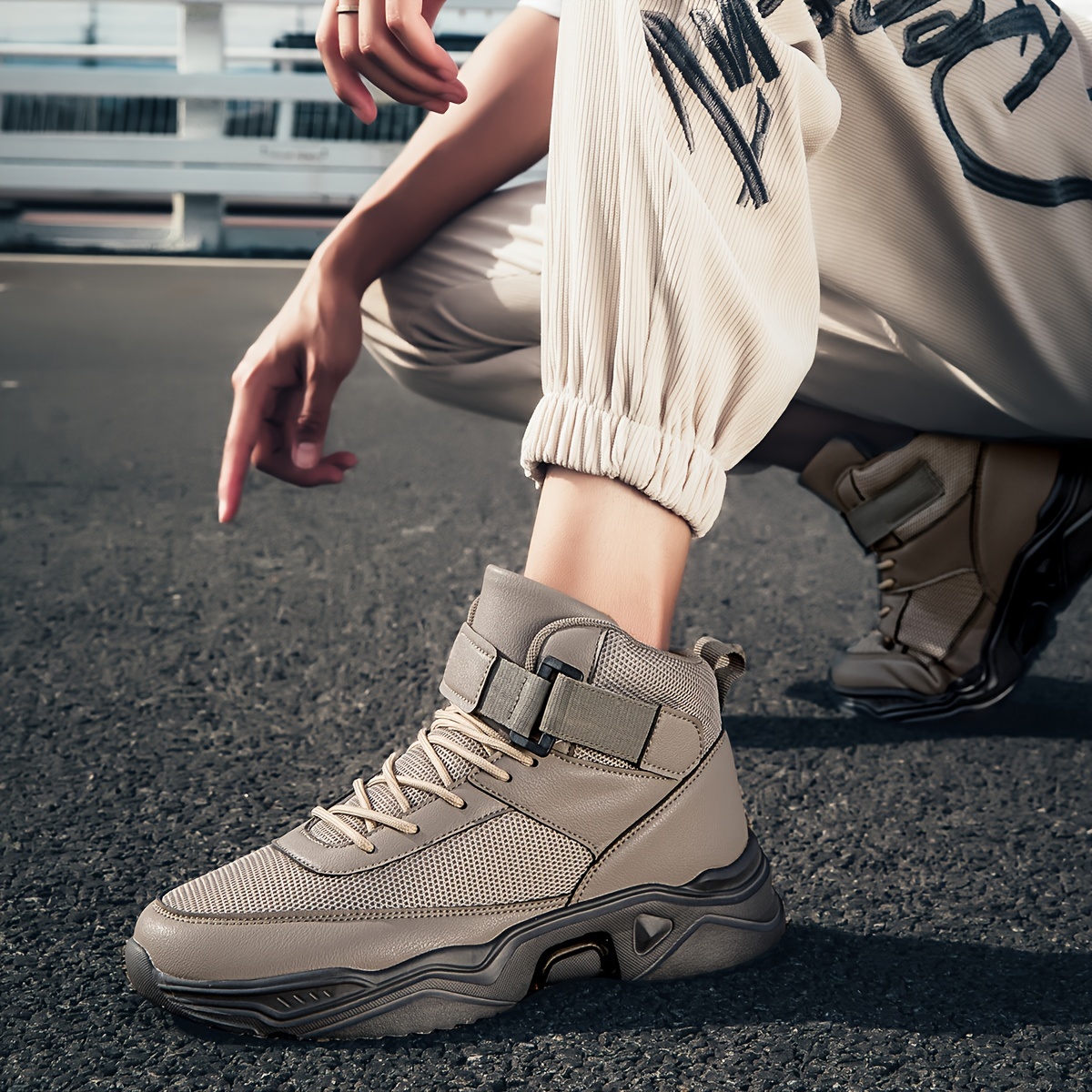 mens trendy solid high top boots comfy non slip shock absorption casual ...