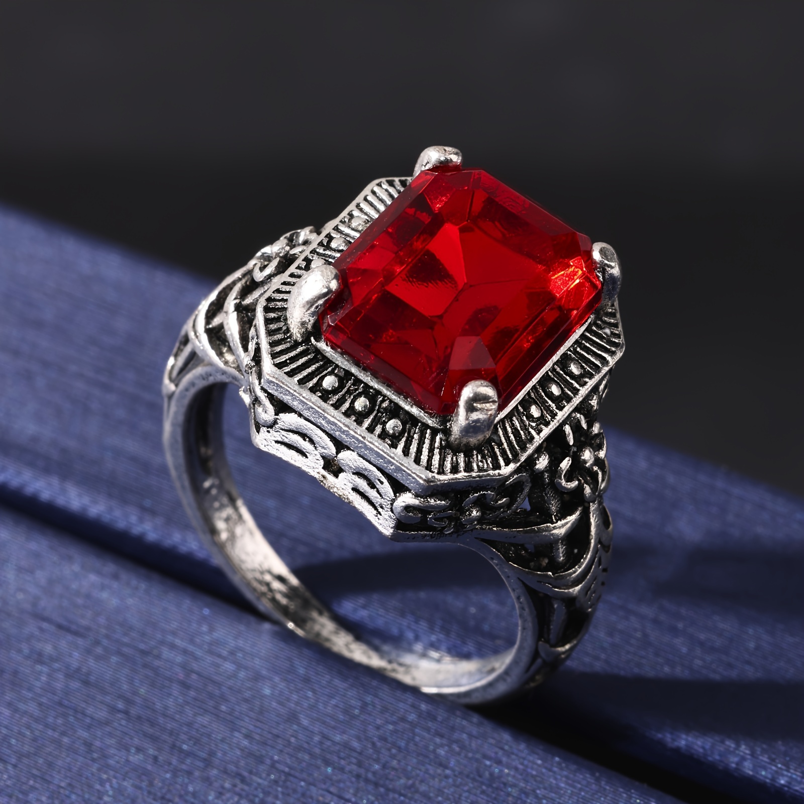 Retro Silvery Inlaid Square Red Cubic Zirconia Alloy Ring - Temu United ...