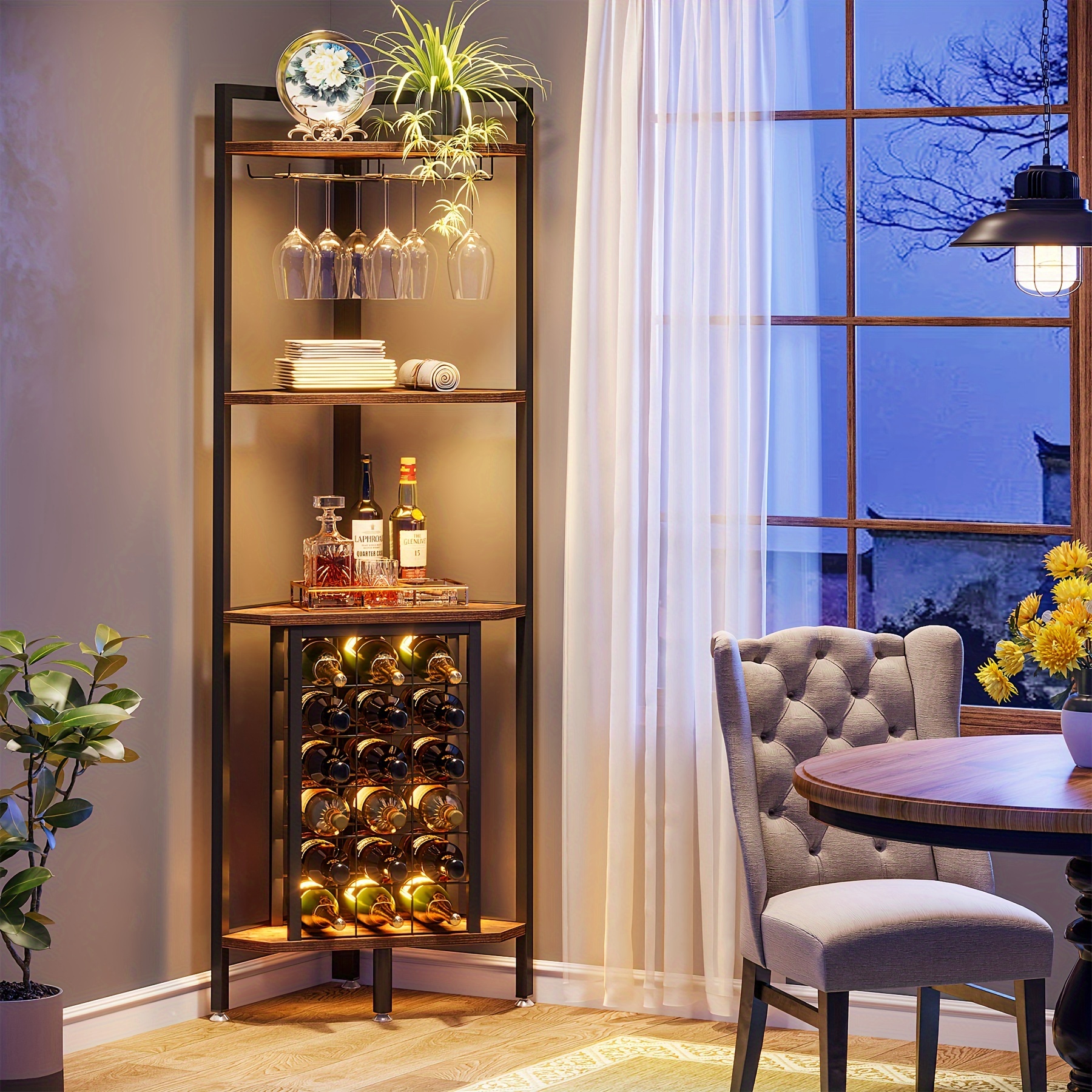Corner Wine Rack with Glass Holder And Storage Shelves 4 Tier Corner Wine Cabinet Industrial Corner Wine Shelf for Living Room Small Spa