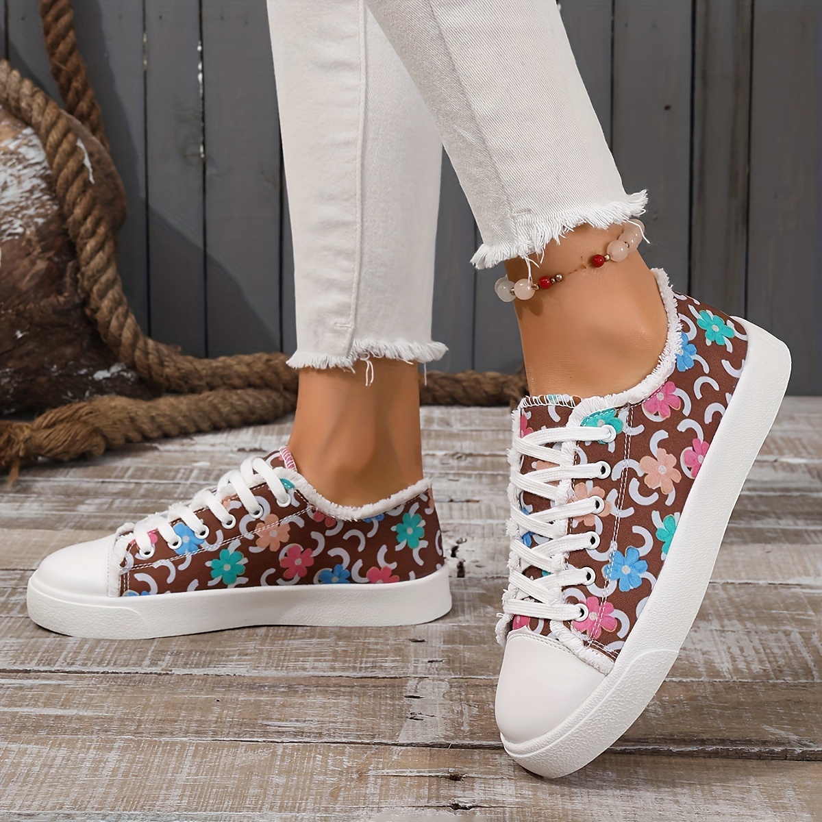 Patike sa cvetnim printom za žene pertle lagane ravne mekane - Temu