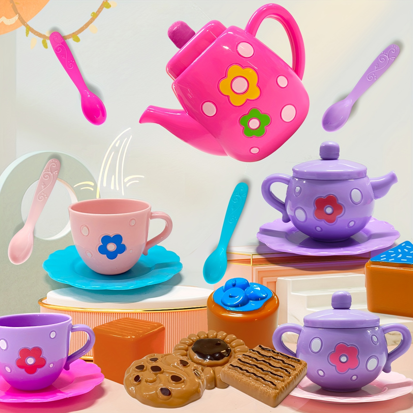 tea party set for little girls pretend teapot set time play kitchen toy ...