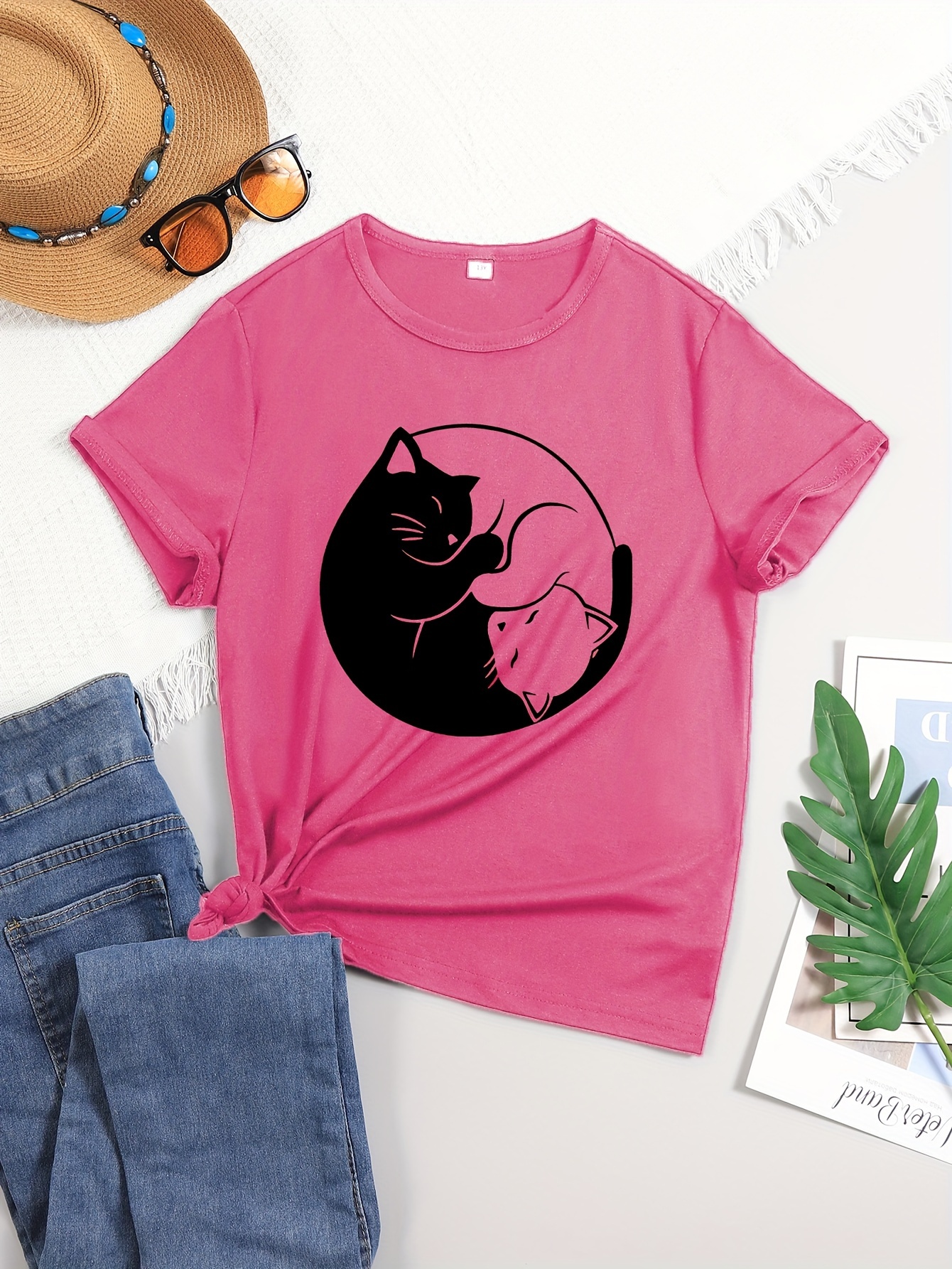 Black White Cats Graphic Print Girls' Casual Crew Neck Short - Temu Ireland